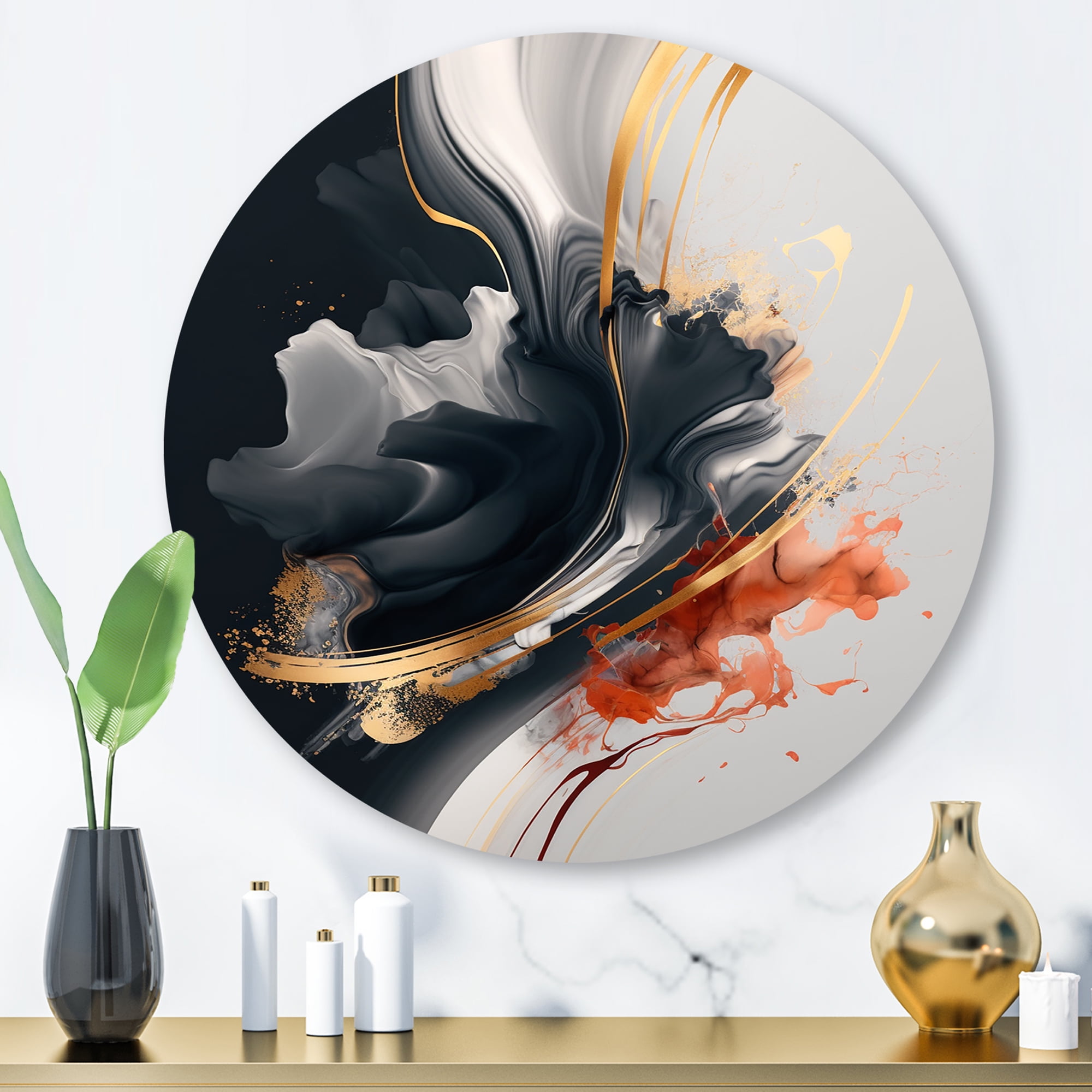Designart "Modern Shapes in Gold" Abstract Metal Round Wall Decor ...