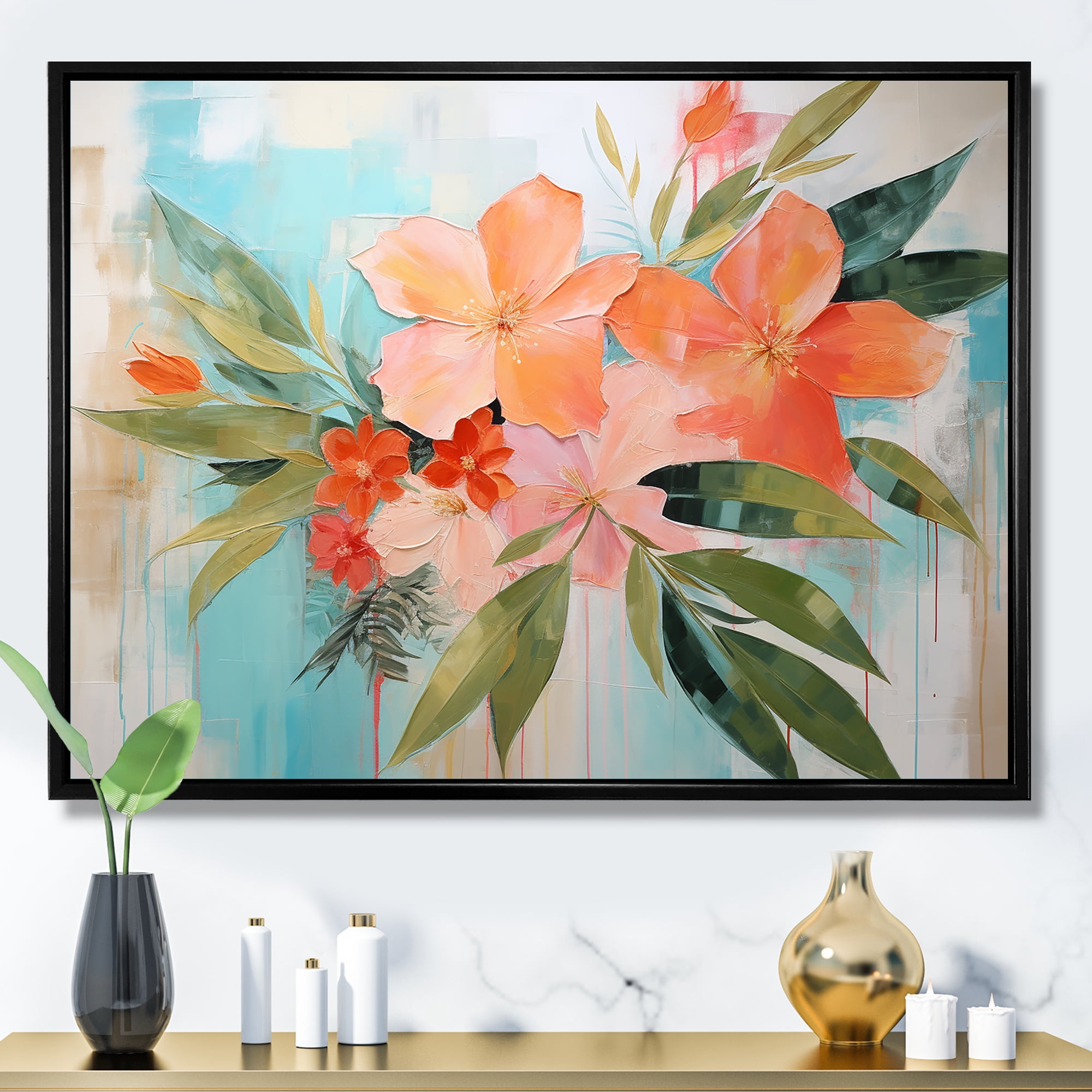 Designart "Modern Tropical Blooms Pink and Green Delight" Abstract ...