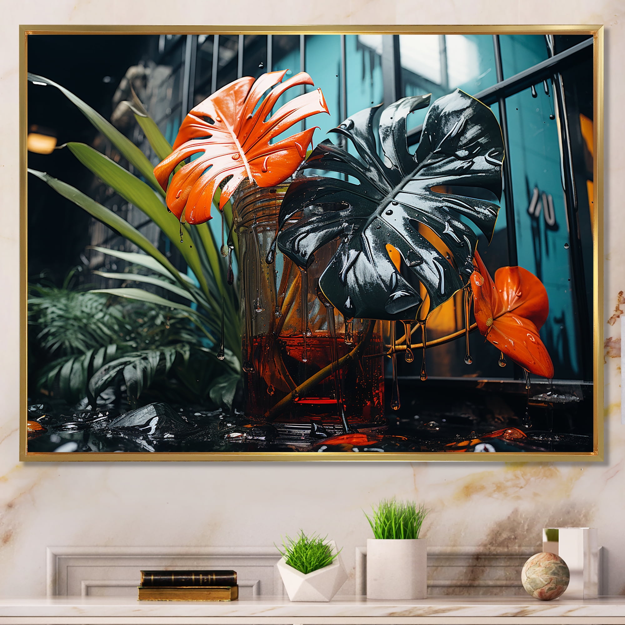 Designart "Modern Tropical Flowers Orange and Green Fusion II" Abstract ...