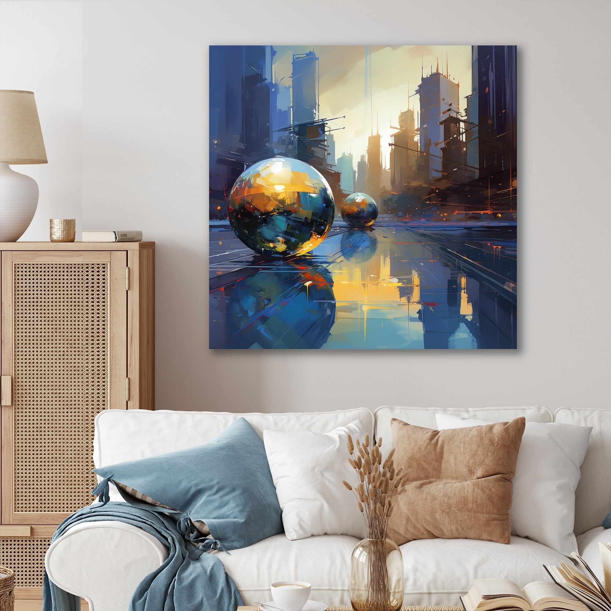 Designart "Modernist Cityscapes Blue And Yellow I" City Art Deco Metal ...