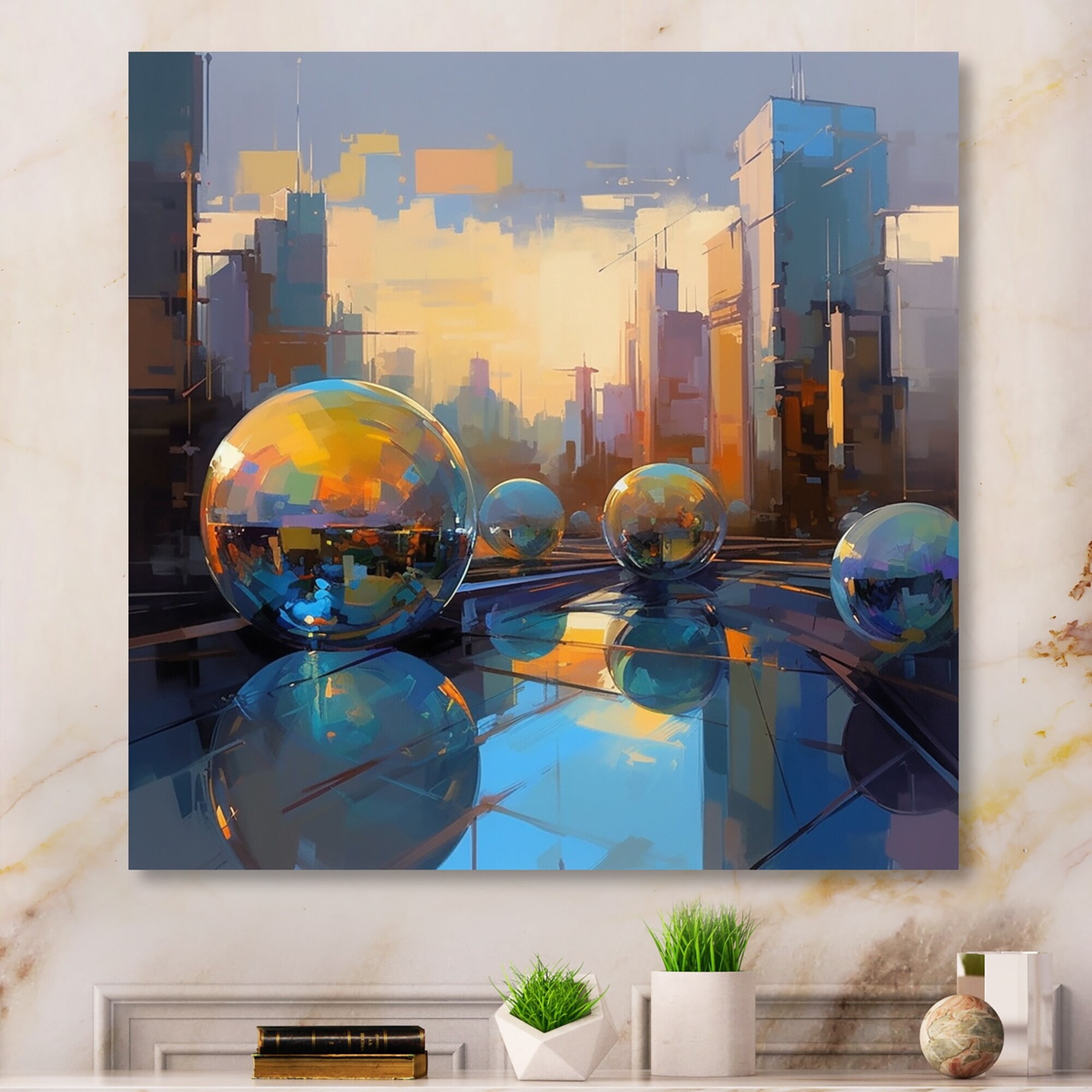 Designart "Modernist Cityscapes Blue And Yellow II" City Art Deco Metal ...