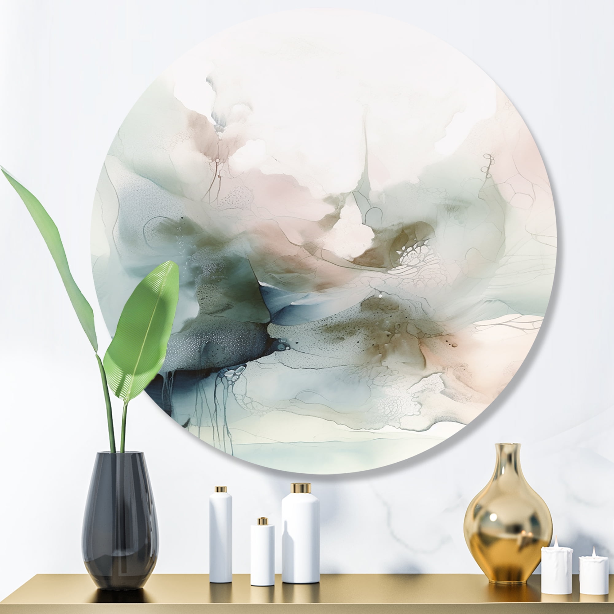 Designart "Modernity Essence Green and Cream II" Abstract Metal Round ...
