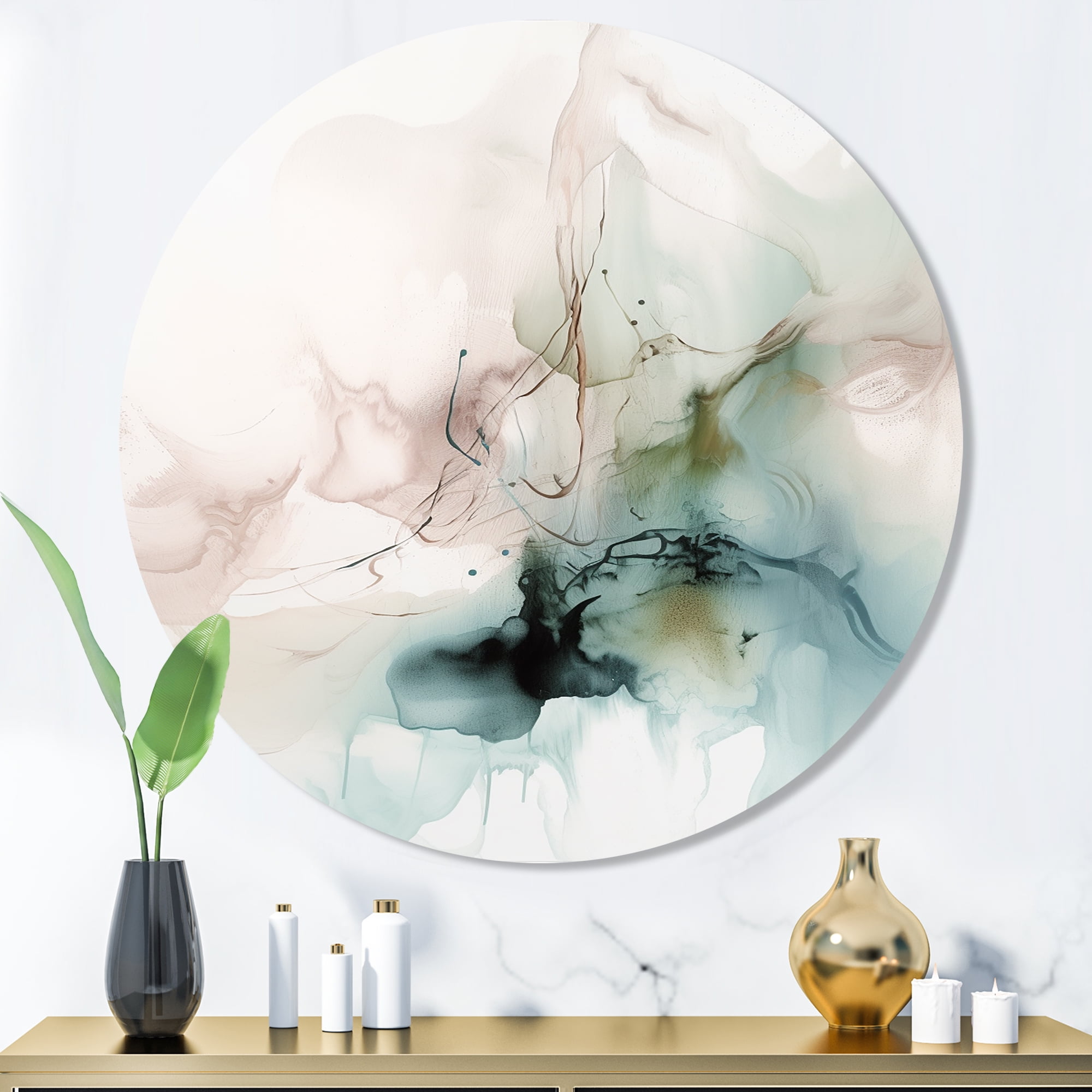 Designart "Modernity Essence Green and Cream III" Abstract Metal Round ...