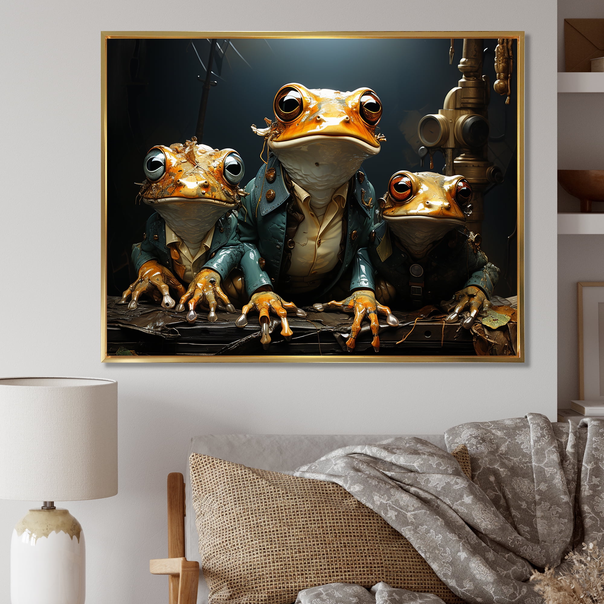 Designart "Monarchy Of Frog Mafia" Frogs & Toads Floater Framed Canvas ...
