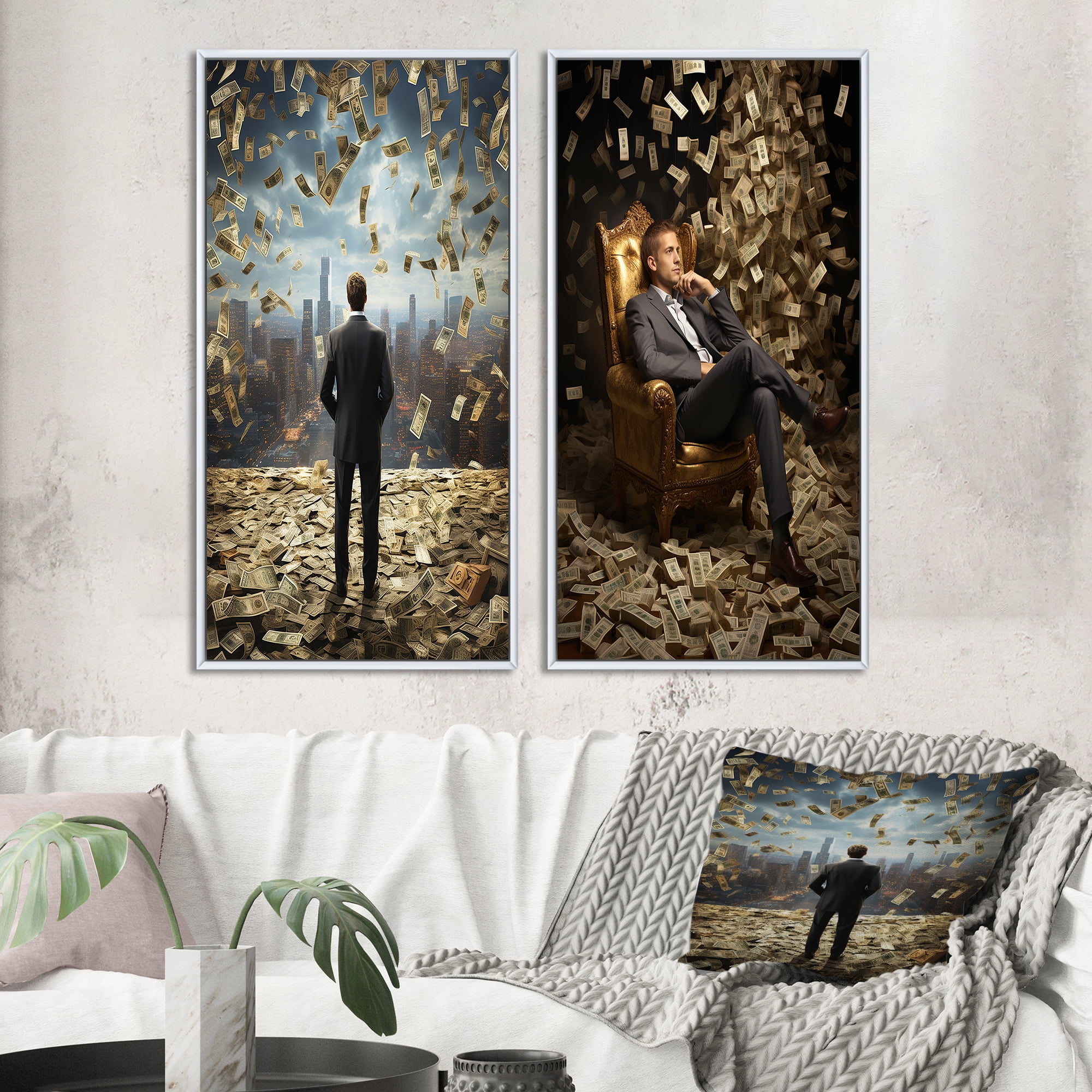 Designart "Money Skyline Man Looking at Floating Cash" Man Framed Wall ...