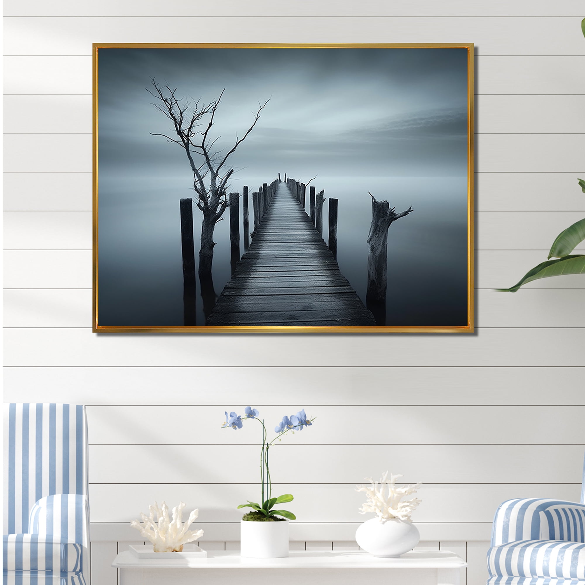 Designart "Monochromatic Black And Grey Pier Horizon" Coastal Pier ...