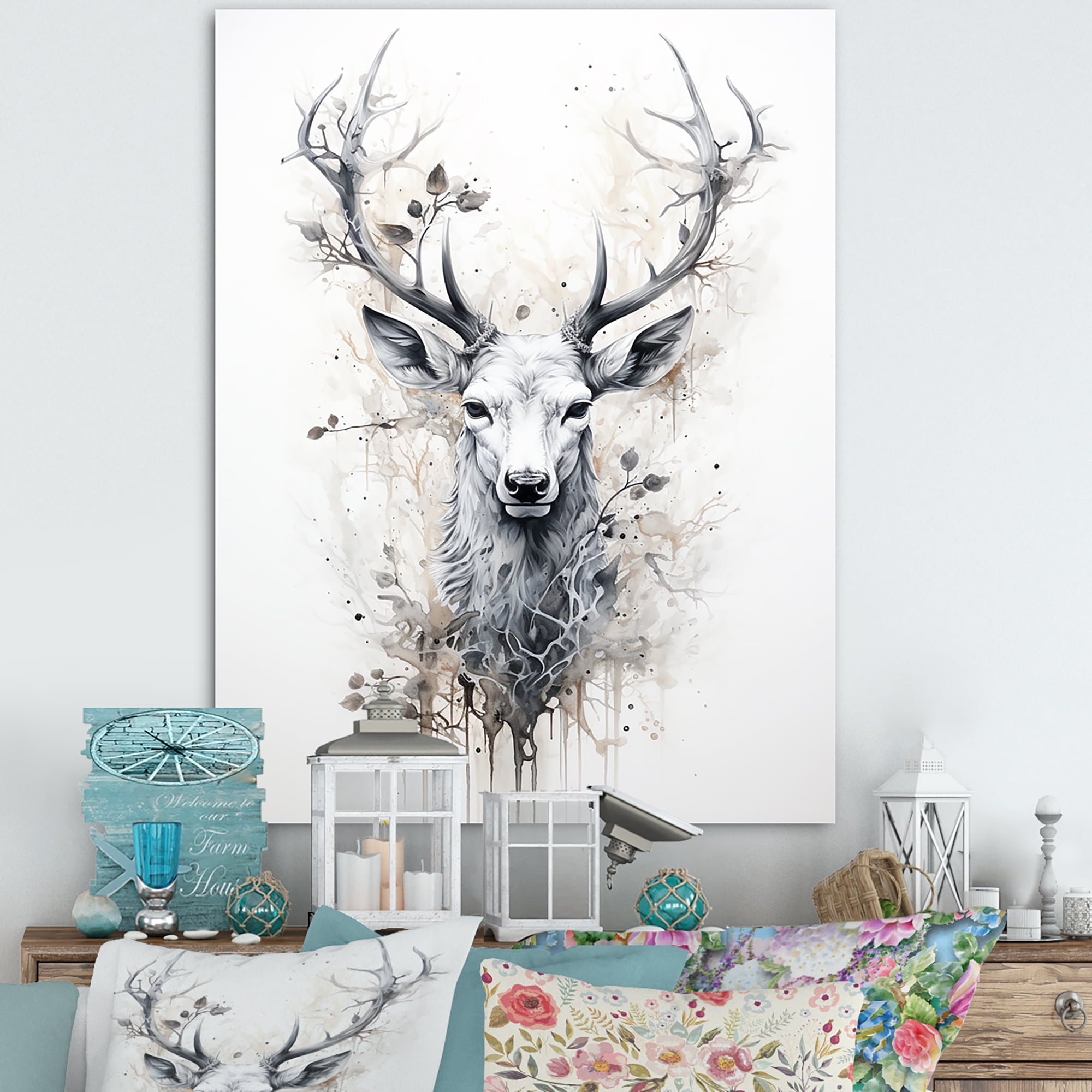 Designart "Monochromatic Deer Portrait" Animals Deer Wall Art Living ...