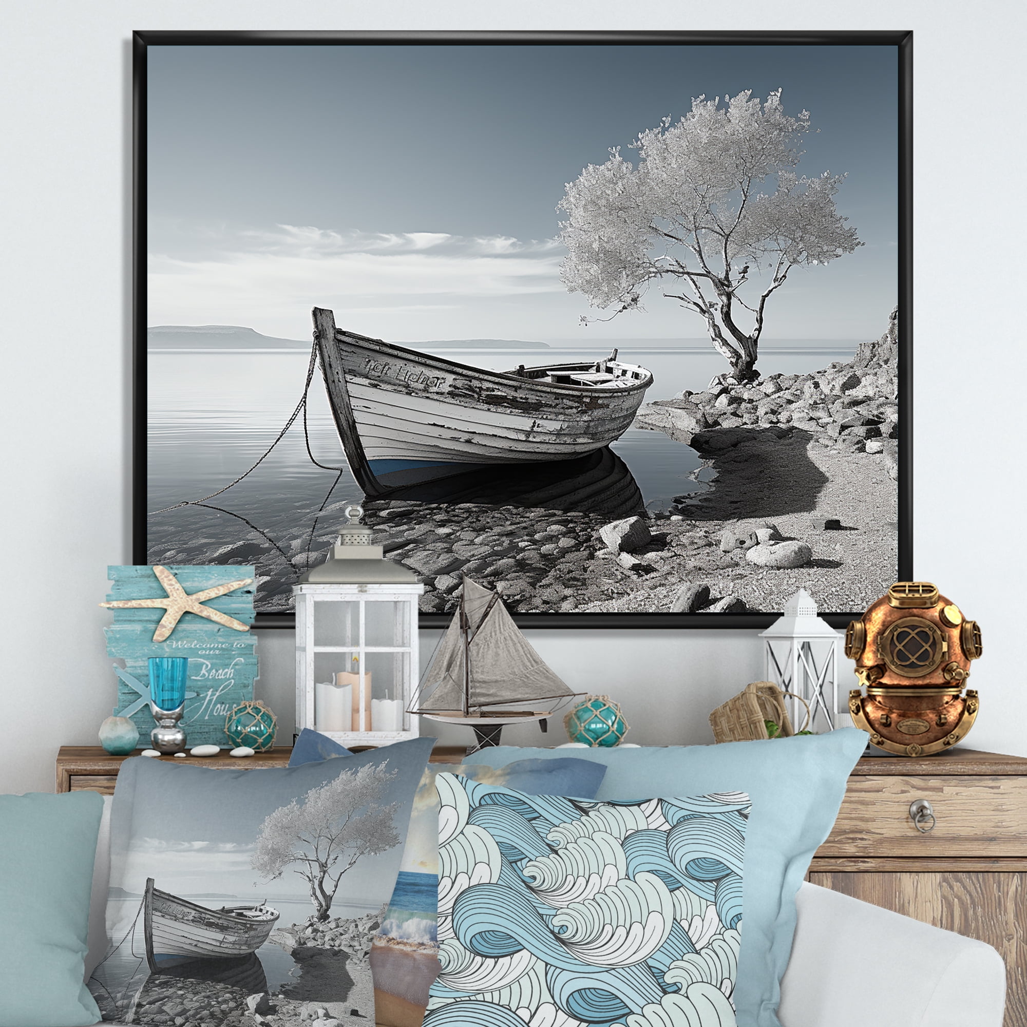 Designart "Monochromatic Lakeside Boat" Coastal Boat Floater Framed ...