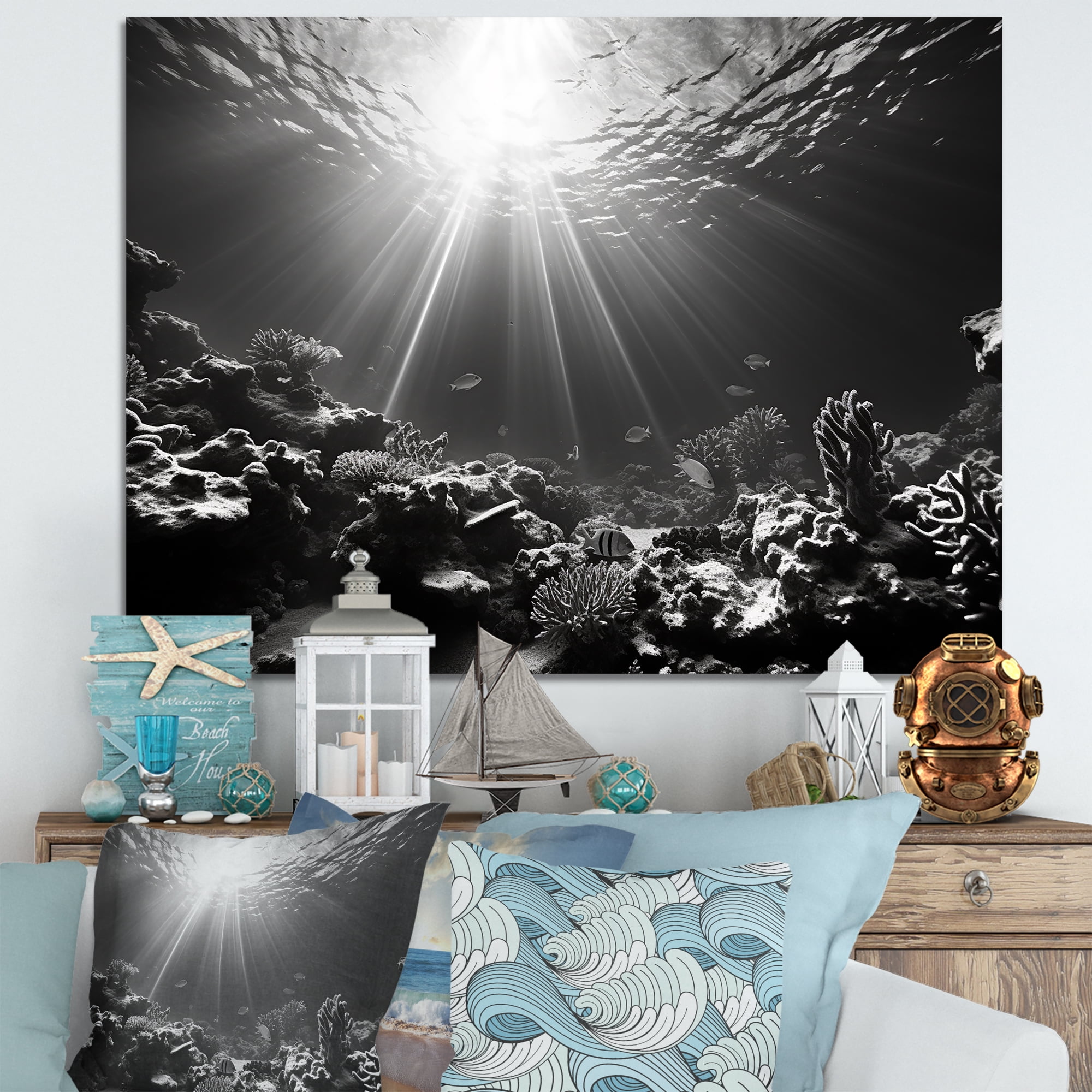 Designart "Monochromatic Undersea Coral Portrait" Coastal Coral Under ...