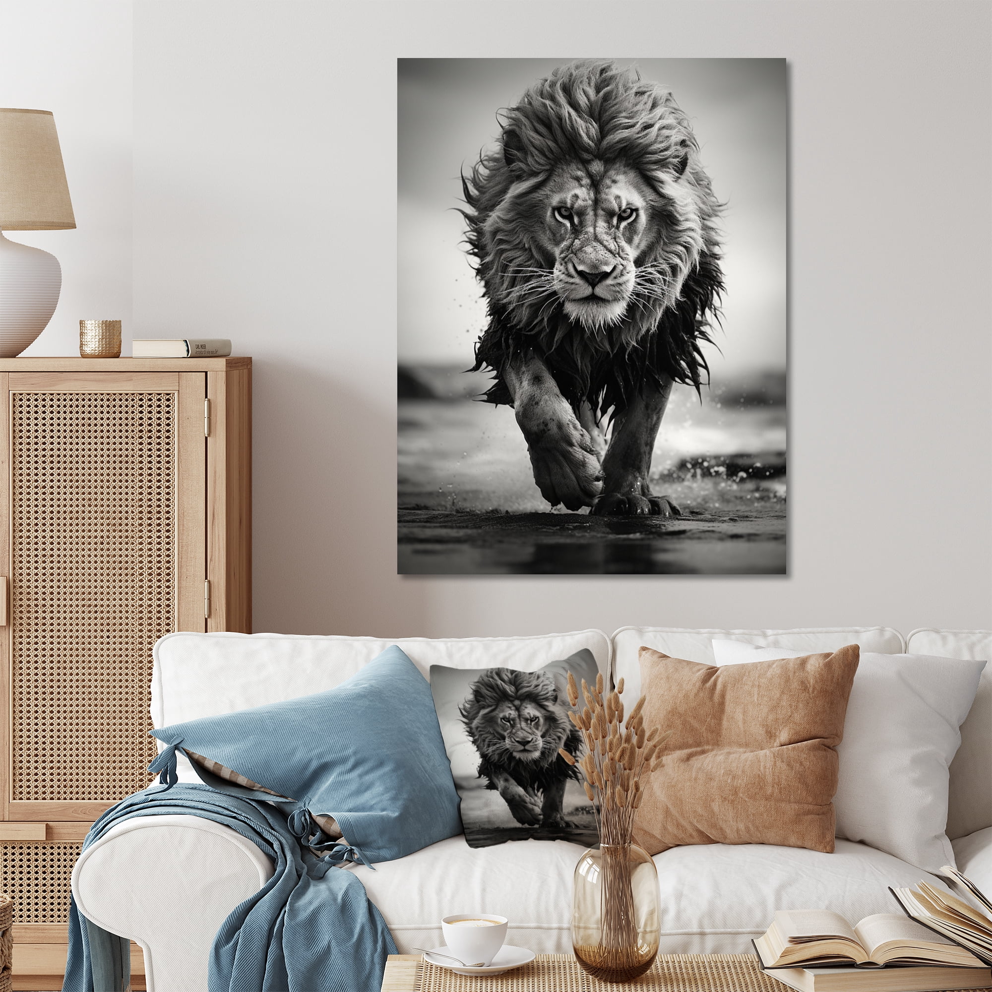 Designart "Monochrome Lion Dash in Savannah" Animals Lion Metal Wall ...