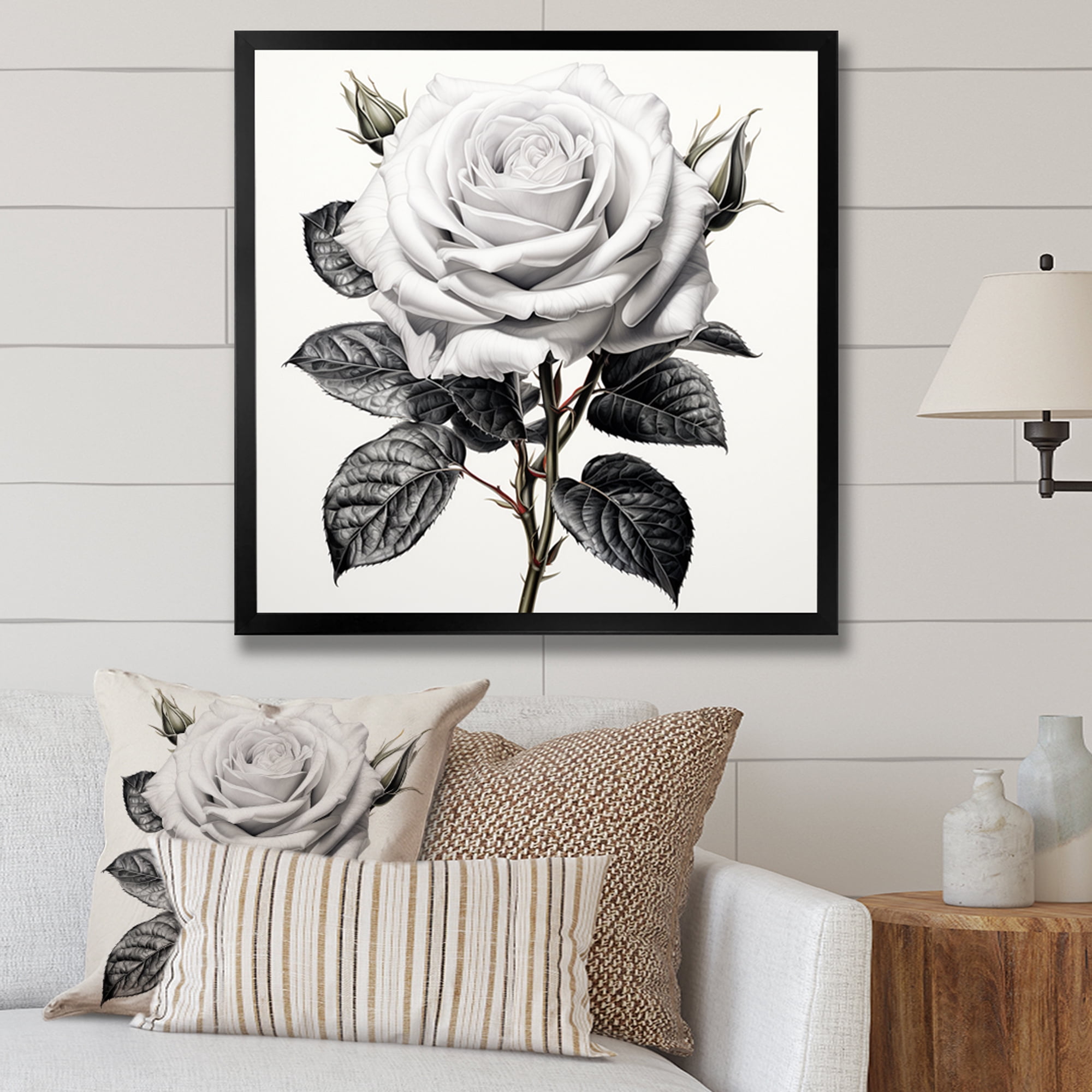 Designart "Monochrome Pencil Drawing of a Rose" Floral Framed Wall Art ...