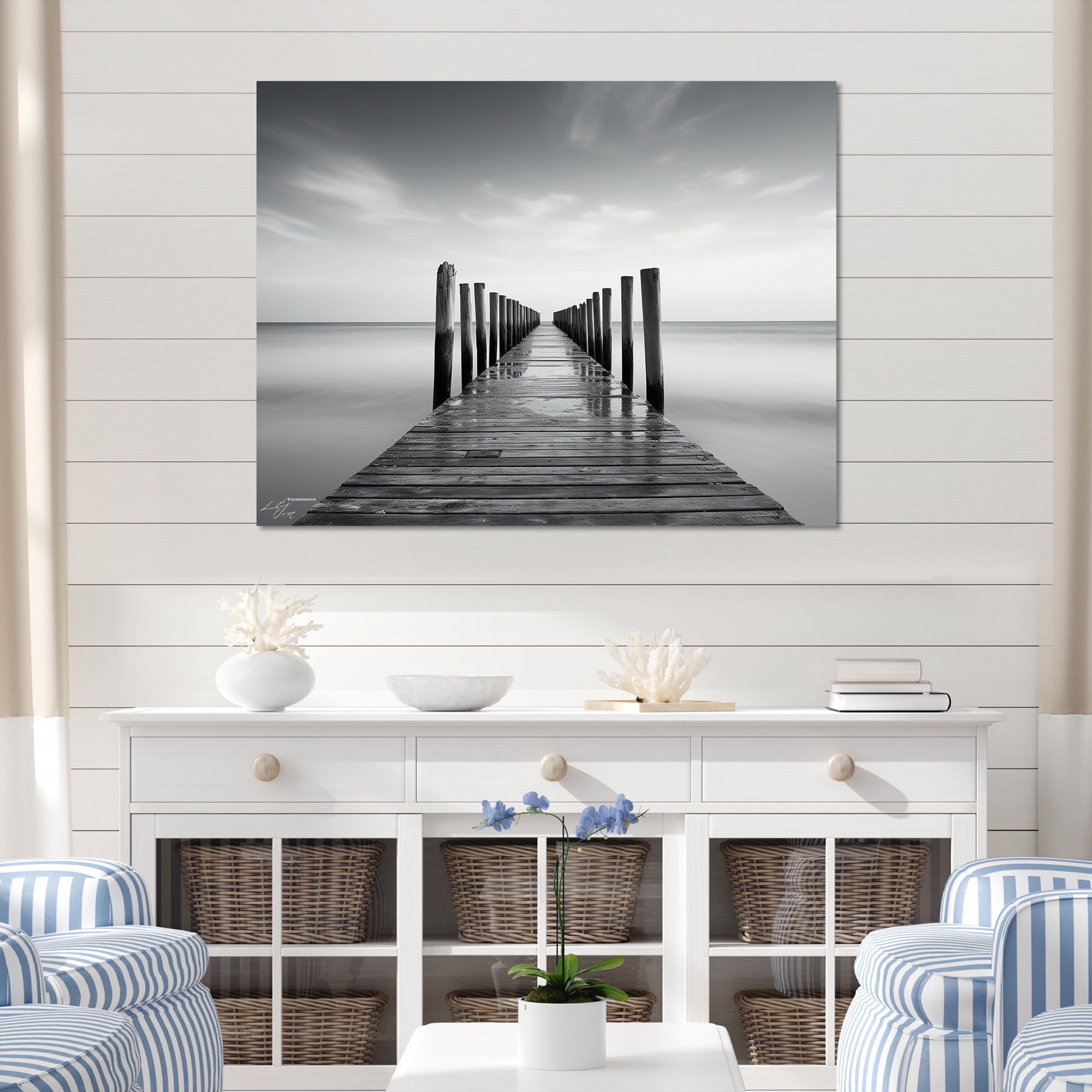 Designart "Monochrome Pier On The Horizon I" Coastal Pier Wall Decor ...