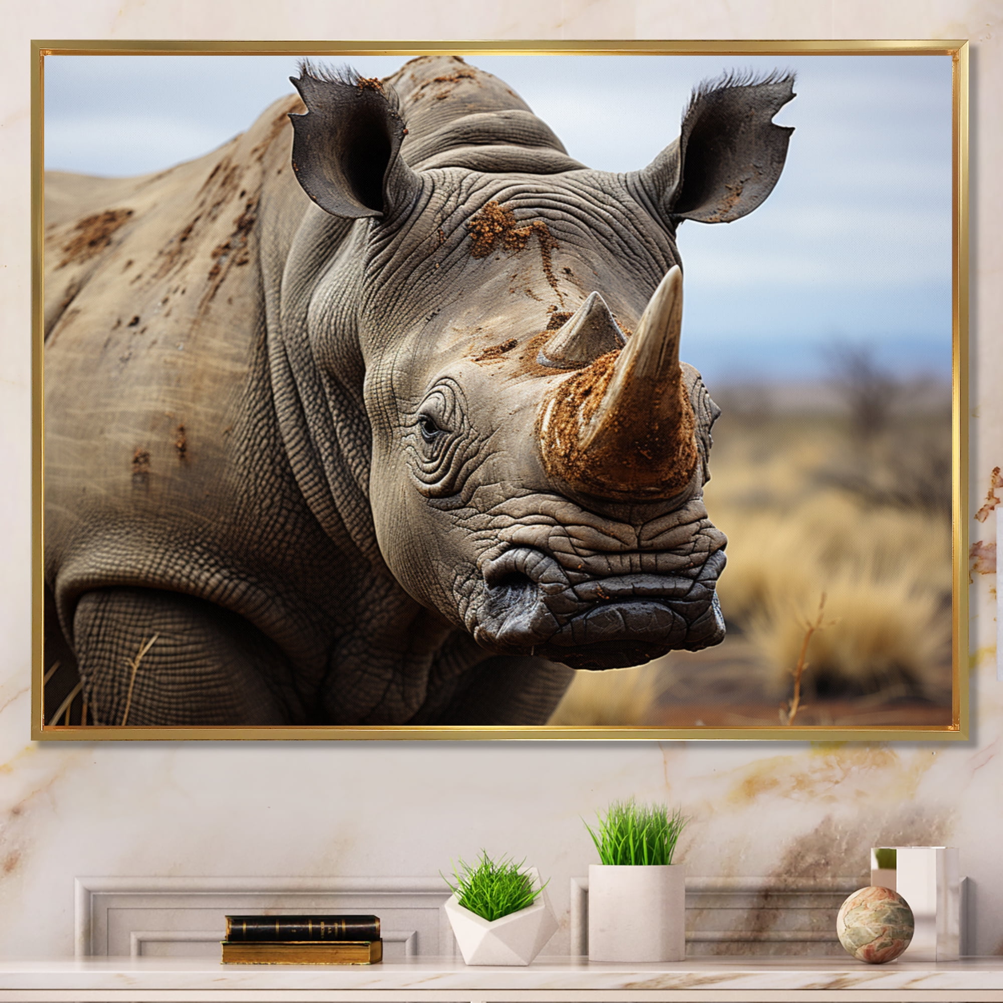 Designart "Monochrome Portrait of a Rhinoceros" Animals Floater Framed ...