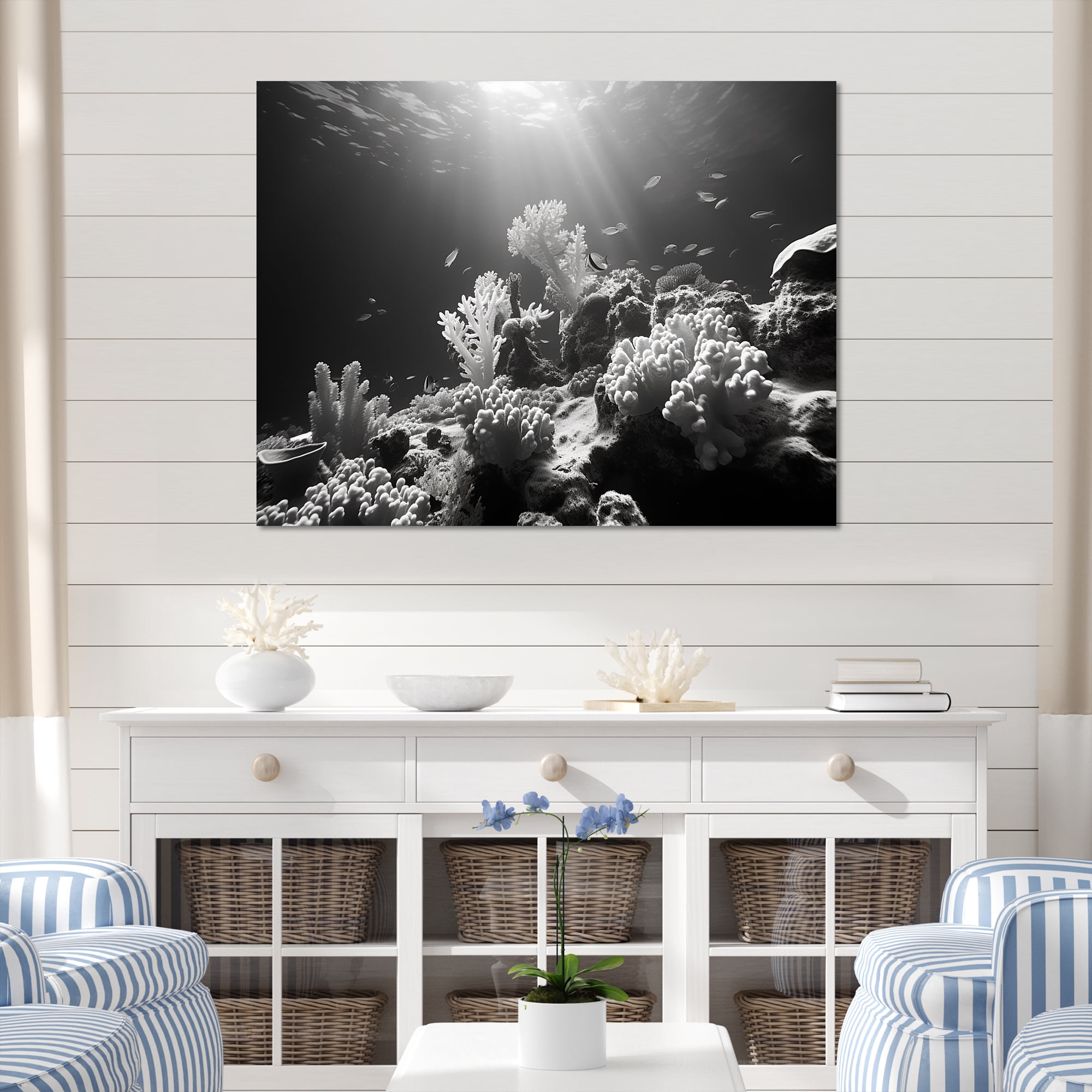 Designart "Monochrome Seashore Coral Array I" Coastal Coral Under Water ...