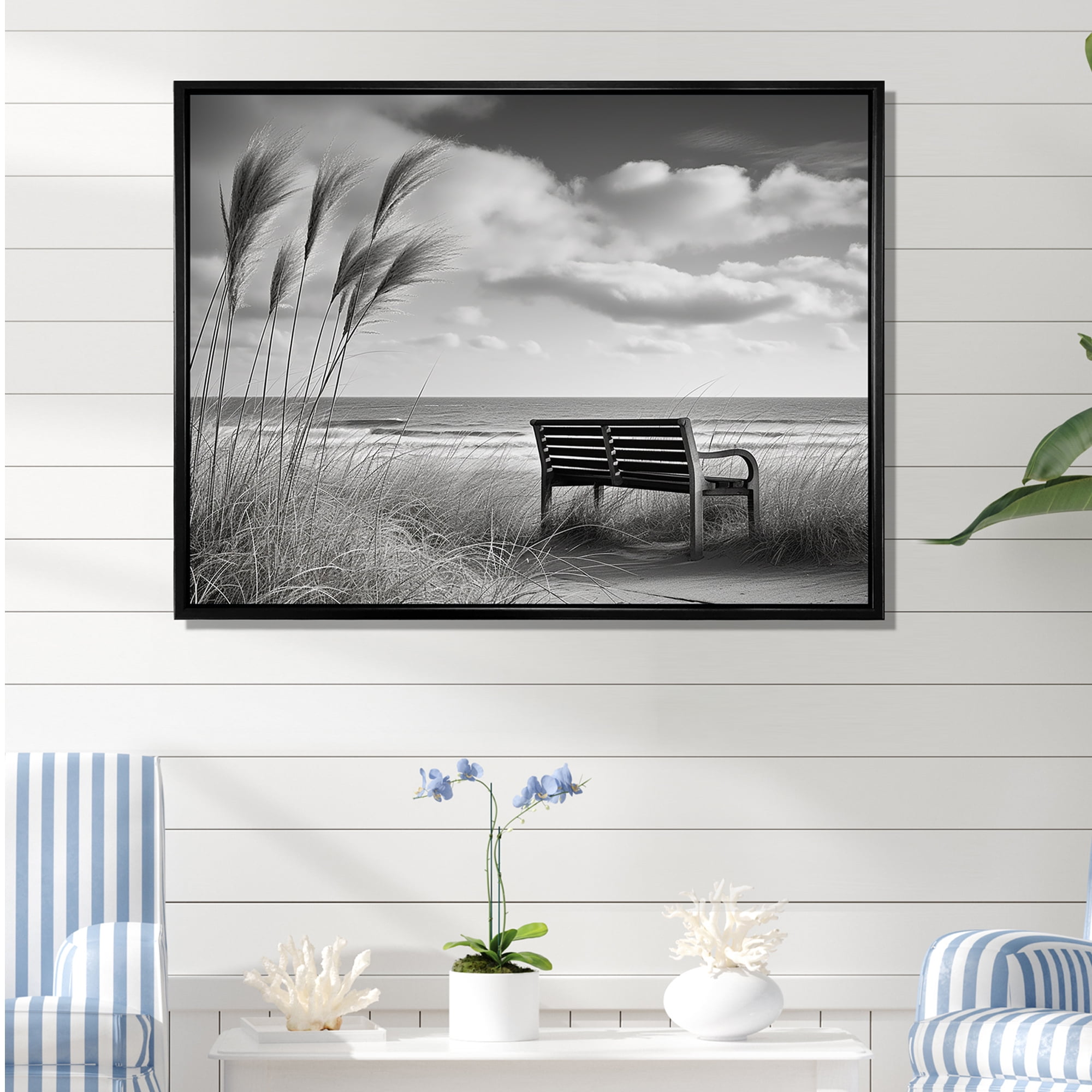Designart "Monochrome Seaside Bench" Coastal Beach Sand Floater Framed ...