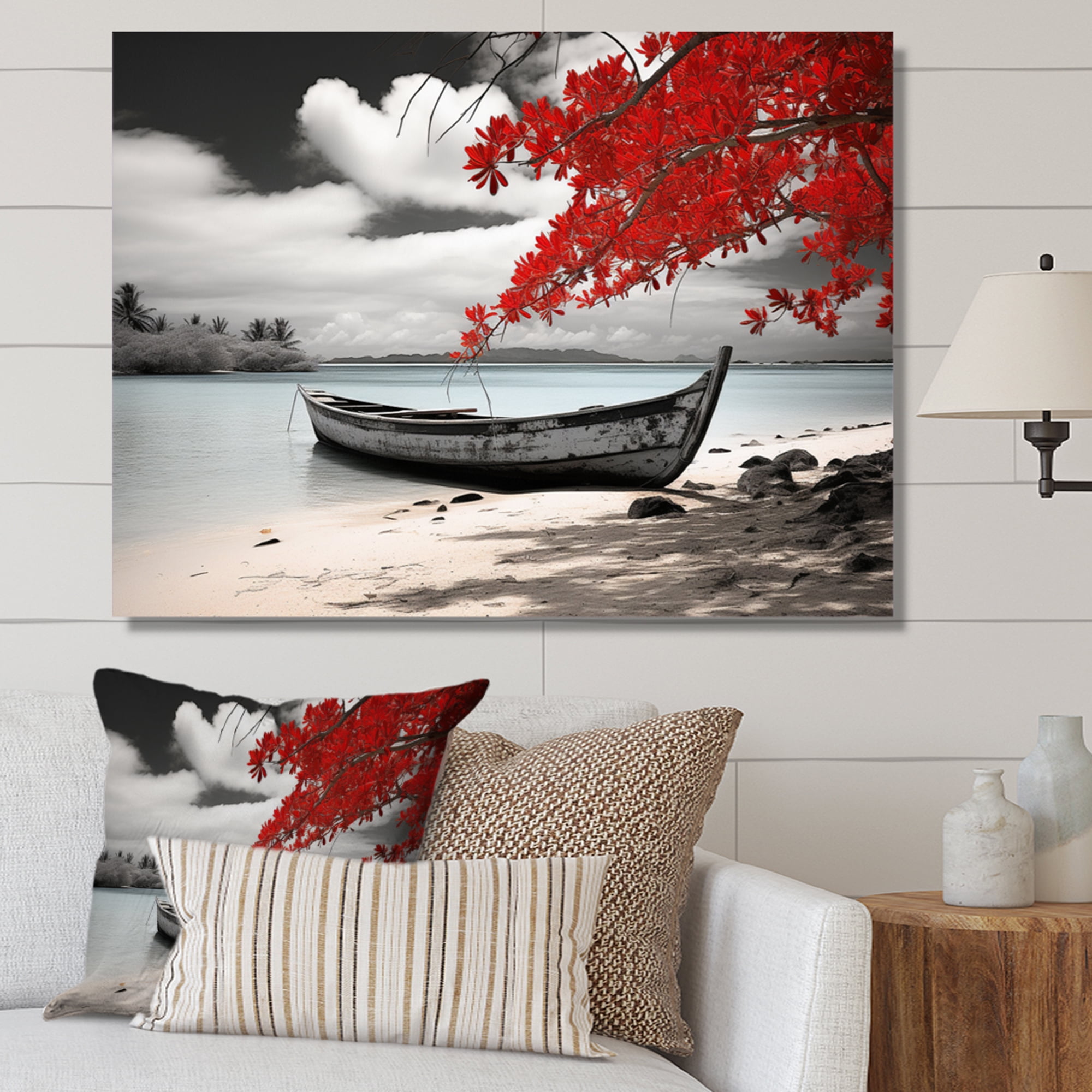 Designart "Monochrome Serenity Red and Grey Boat in Hawaii I" Hawaii ...