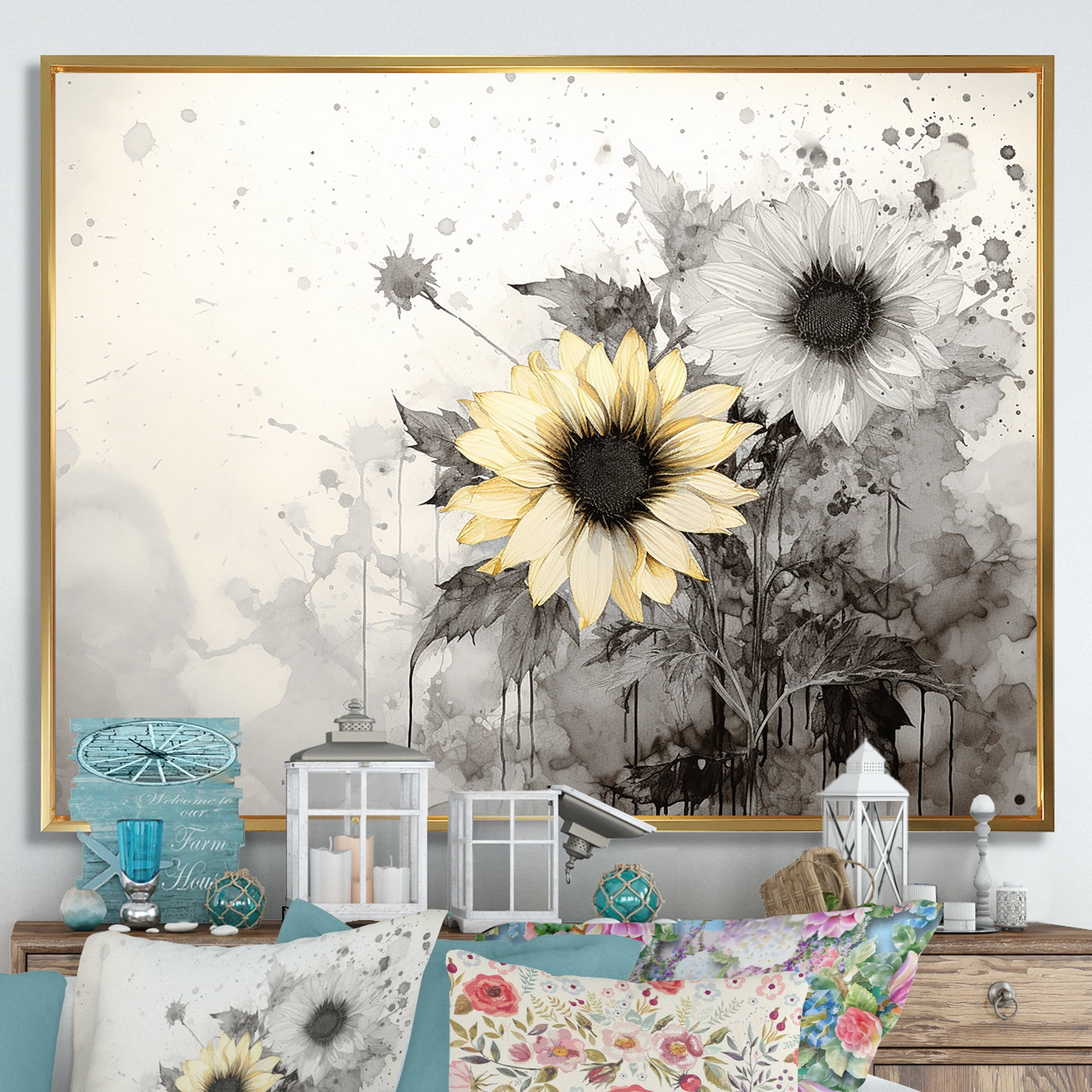 Designart "Monochrome Sunflower Bloom I" Sunflowers Floater Framed Wall ...