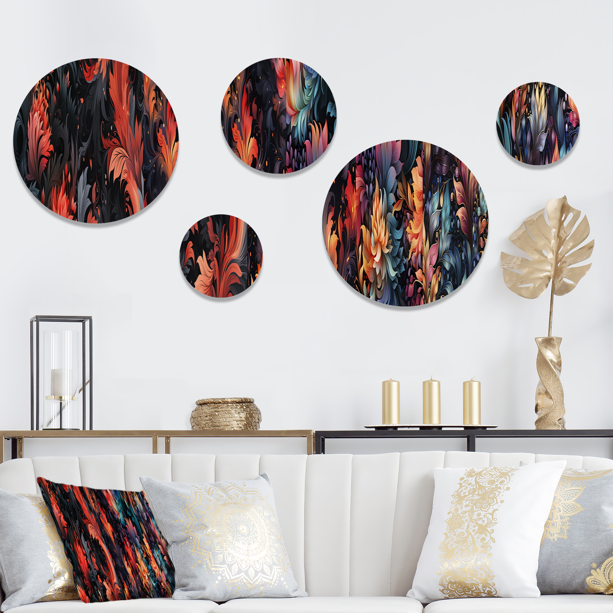 Designart "Moody Ember Twilight" Floral Round Wall Art Set Of 5 - Coral ...