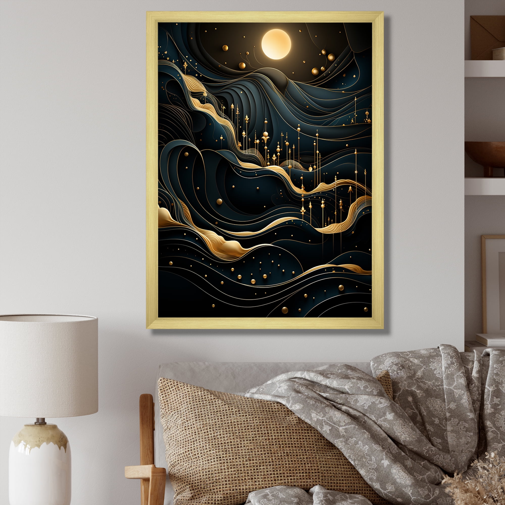 Designart "Moonlight Serenade Gold Minimalism I" Landscapes Framed Wall Art - Modern Gold ...