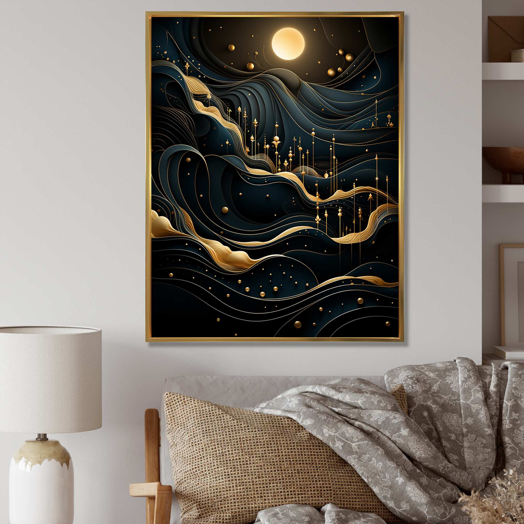 Designart "Moonlight Serenade Gold Minimalism I" Landscapes Framed Wall ...