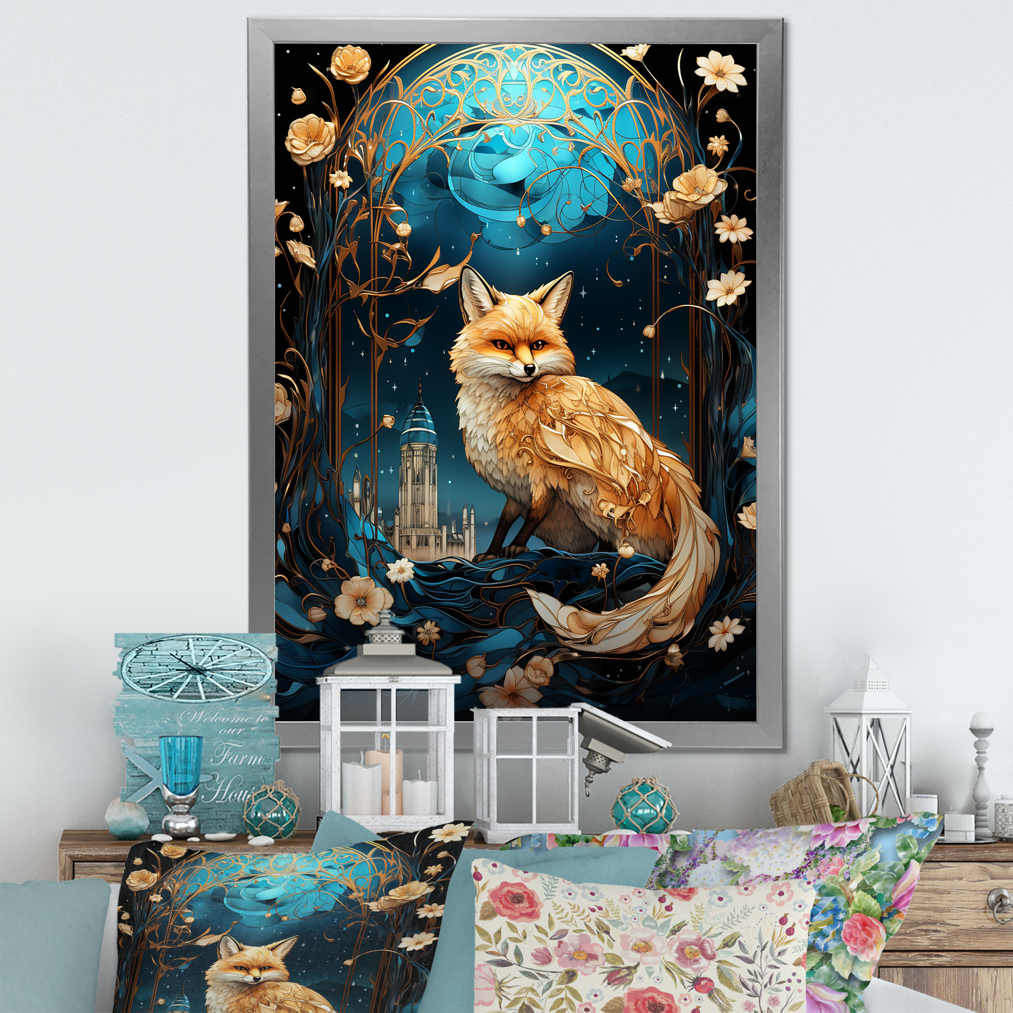 Designart "Moonlit Forest Fox in Beige and Blue" Animals Framed Wall ...