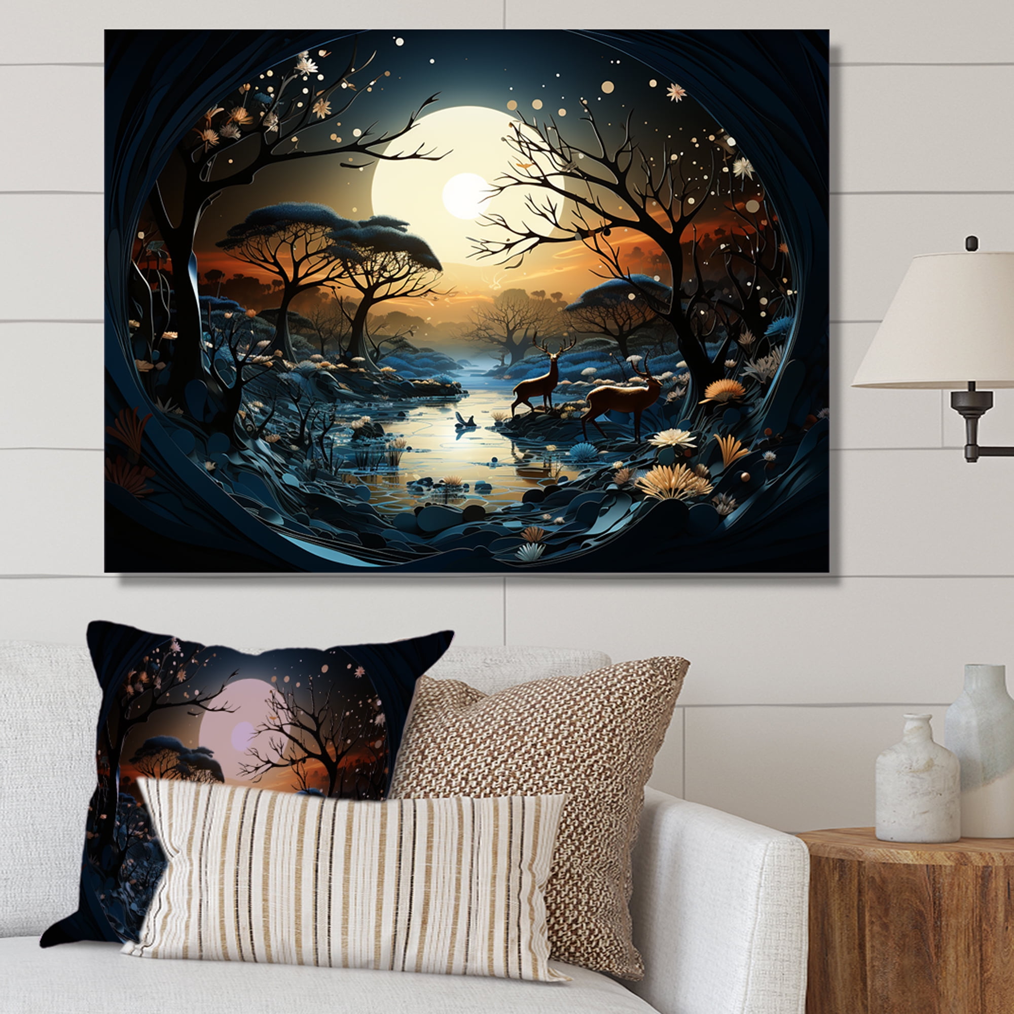 Designart "Moonlit Jungle Fantasy I" Landscapes Wall Art - Modern Blue ...