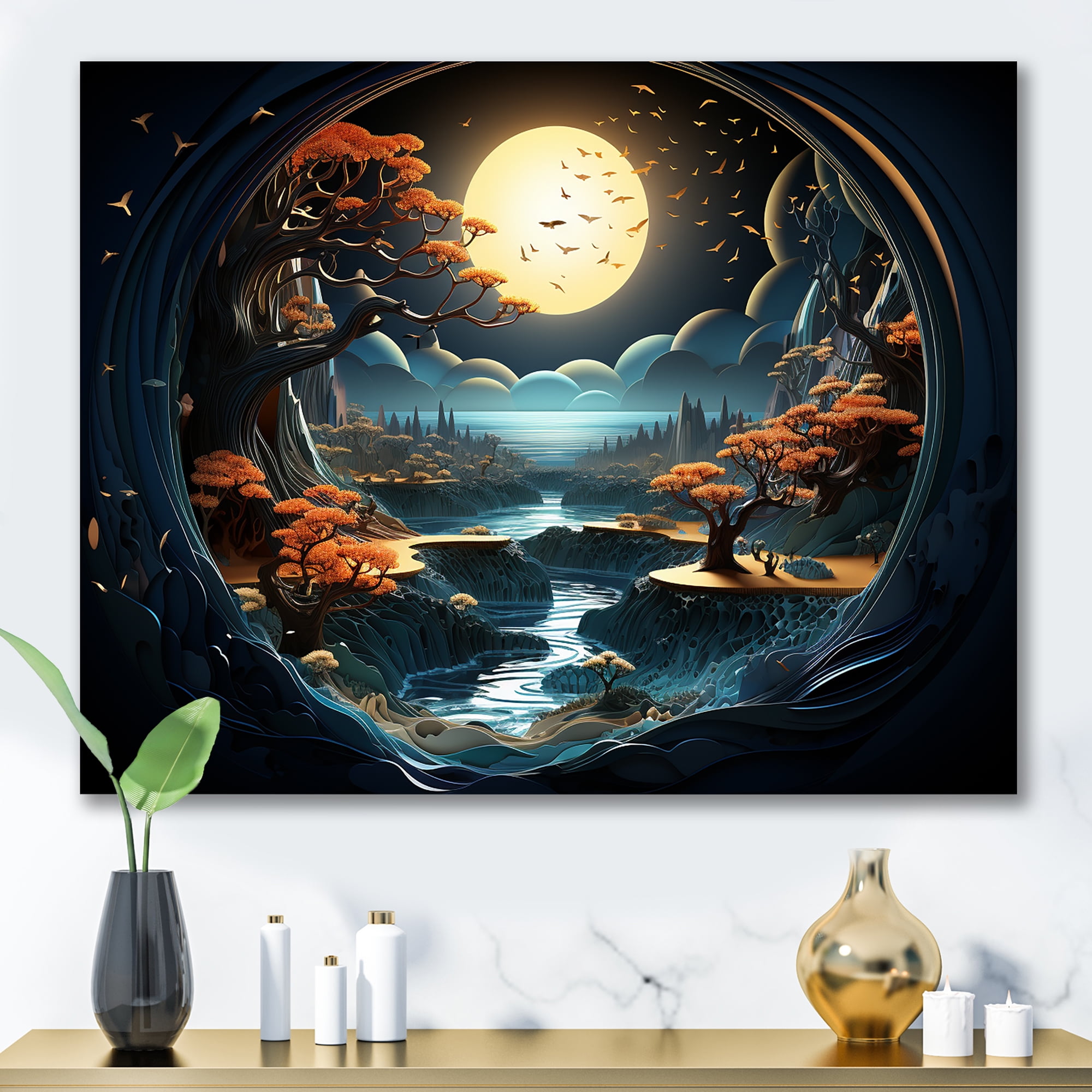 Designart "Moonlit Jungle Fantasy II" Landscapes Wall Art - Modern Blue ...