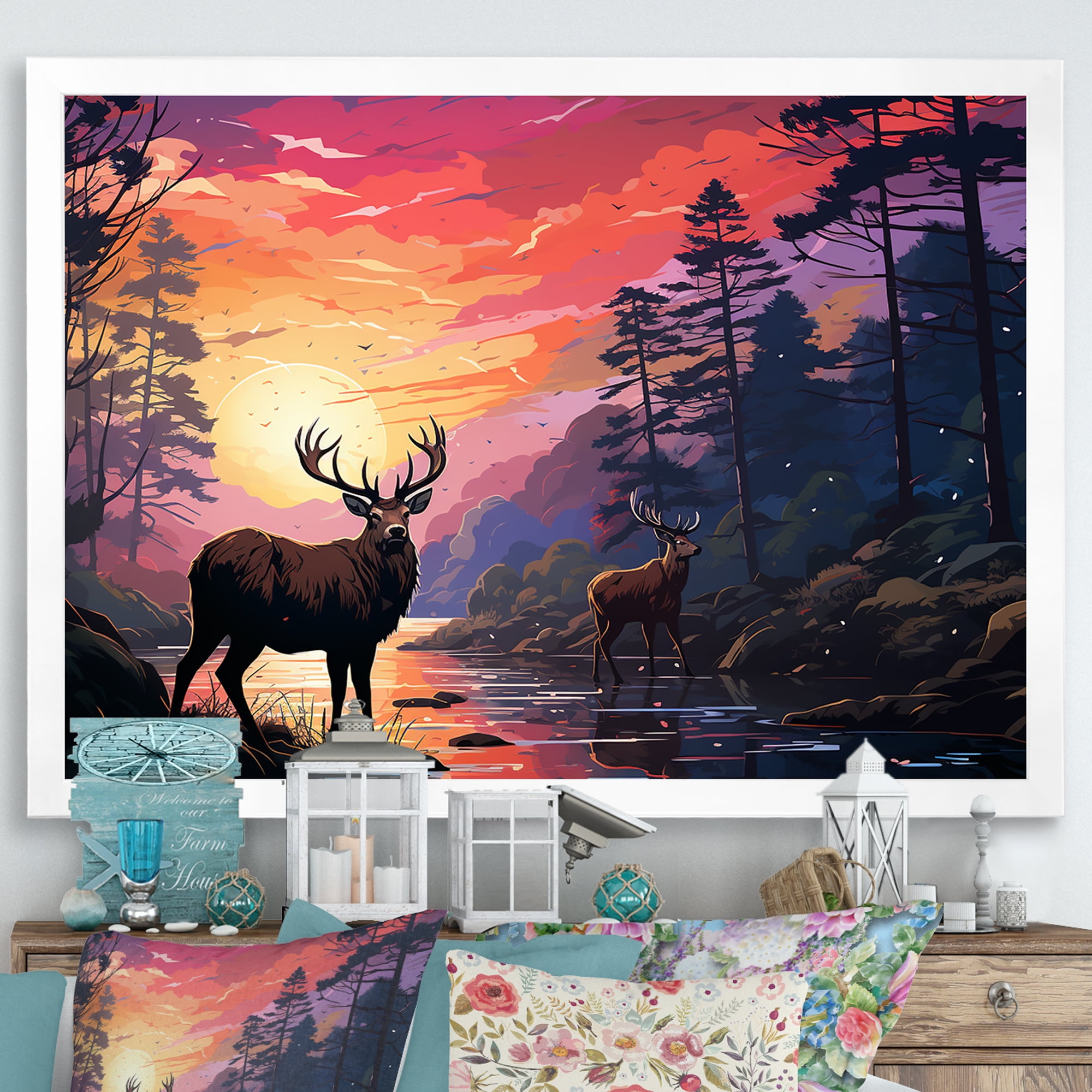 Designart "Moonlit Landscape Deer II" Animals Framed Wall Art Decor ...