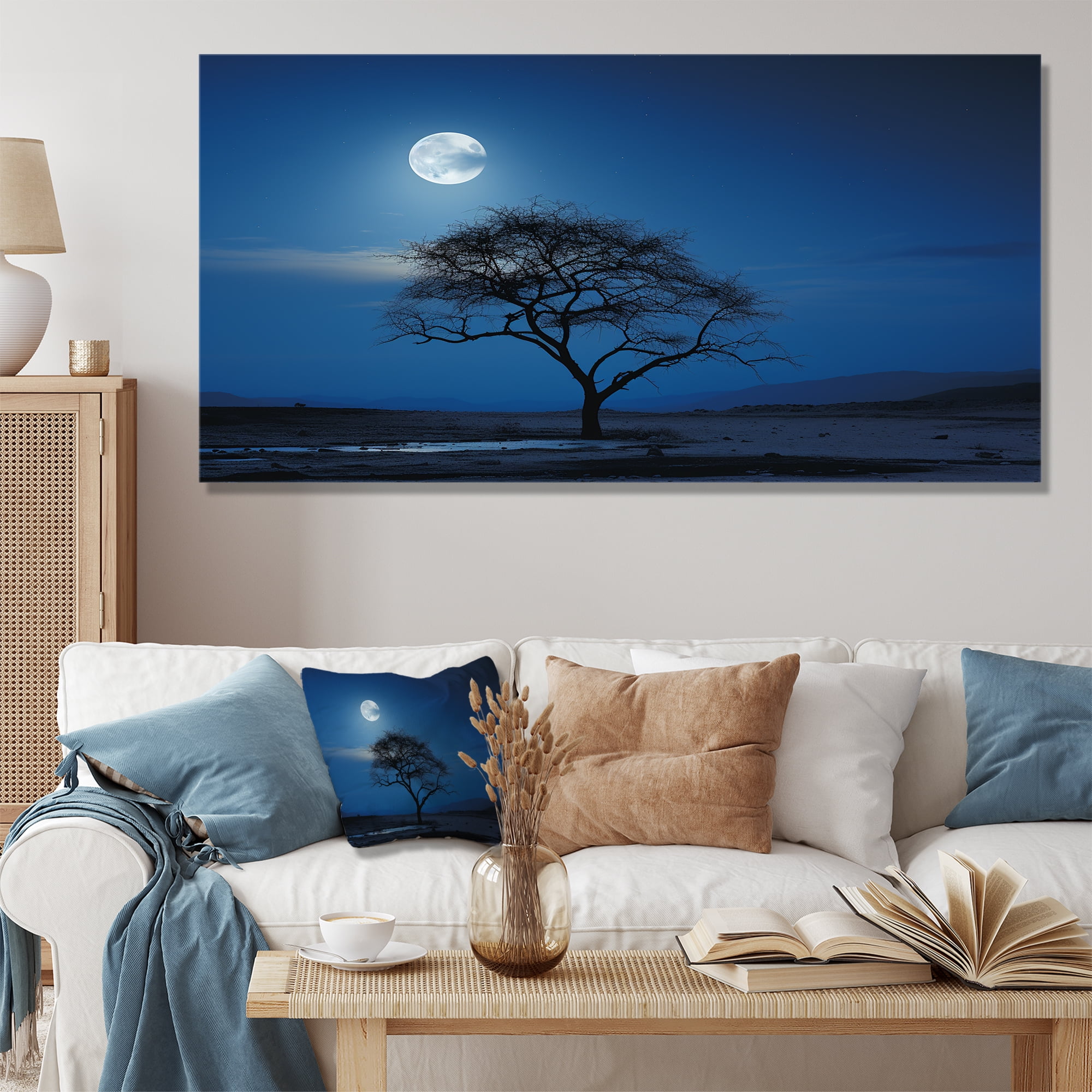 Designart "Moonlit Oasis Blue Desert Tree" Extra Large Landscapes Wall ...
