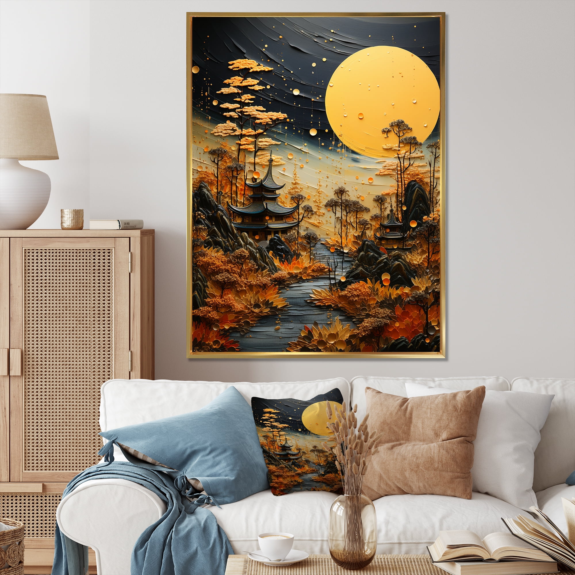 Designart "Moonlit Zen Garden: Golden Japan I" Japan Art Floater Framed ...