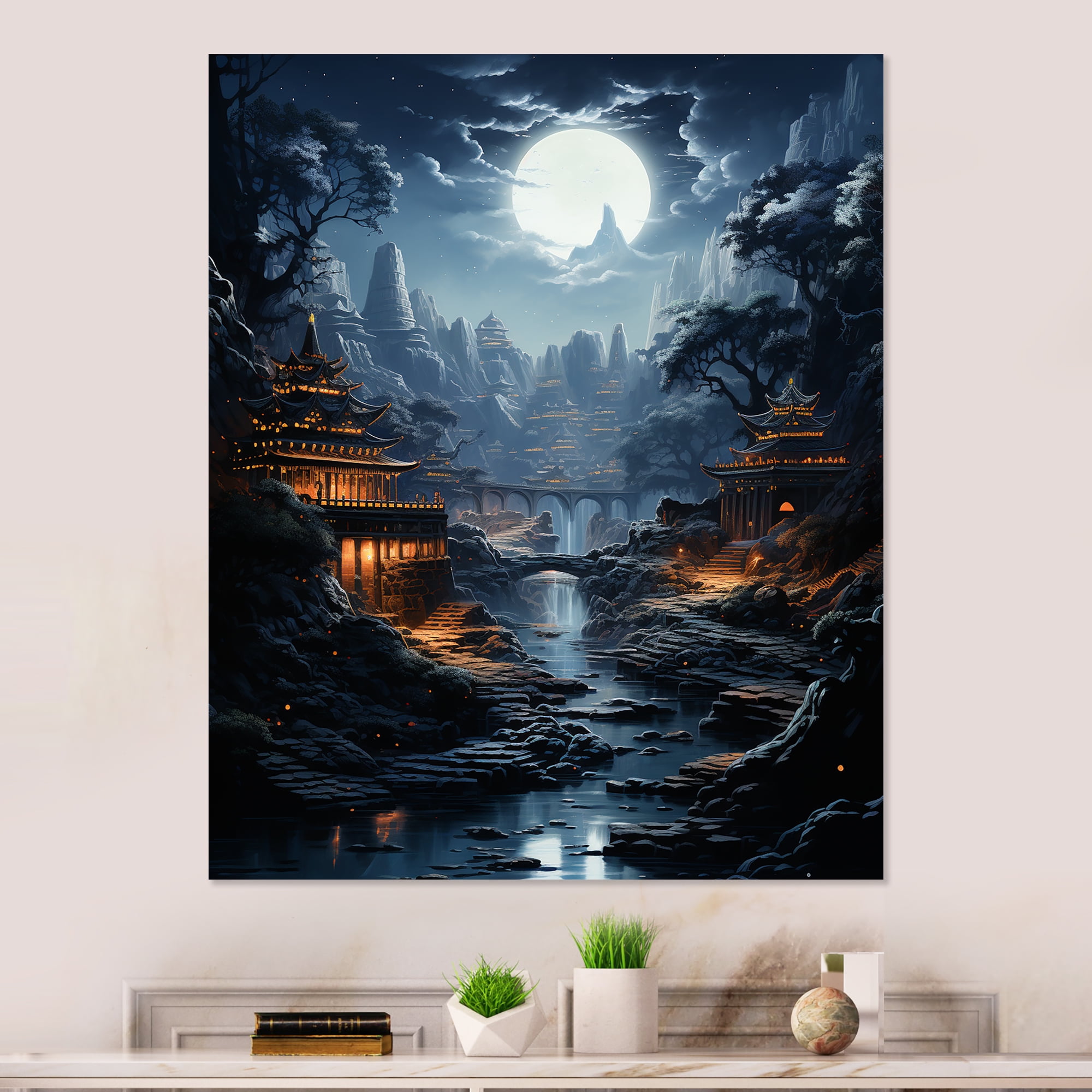 Designart "Moonlit cliffside mistery landscape I In White and Blue"Moon ...