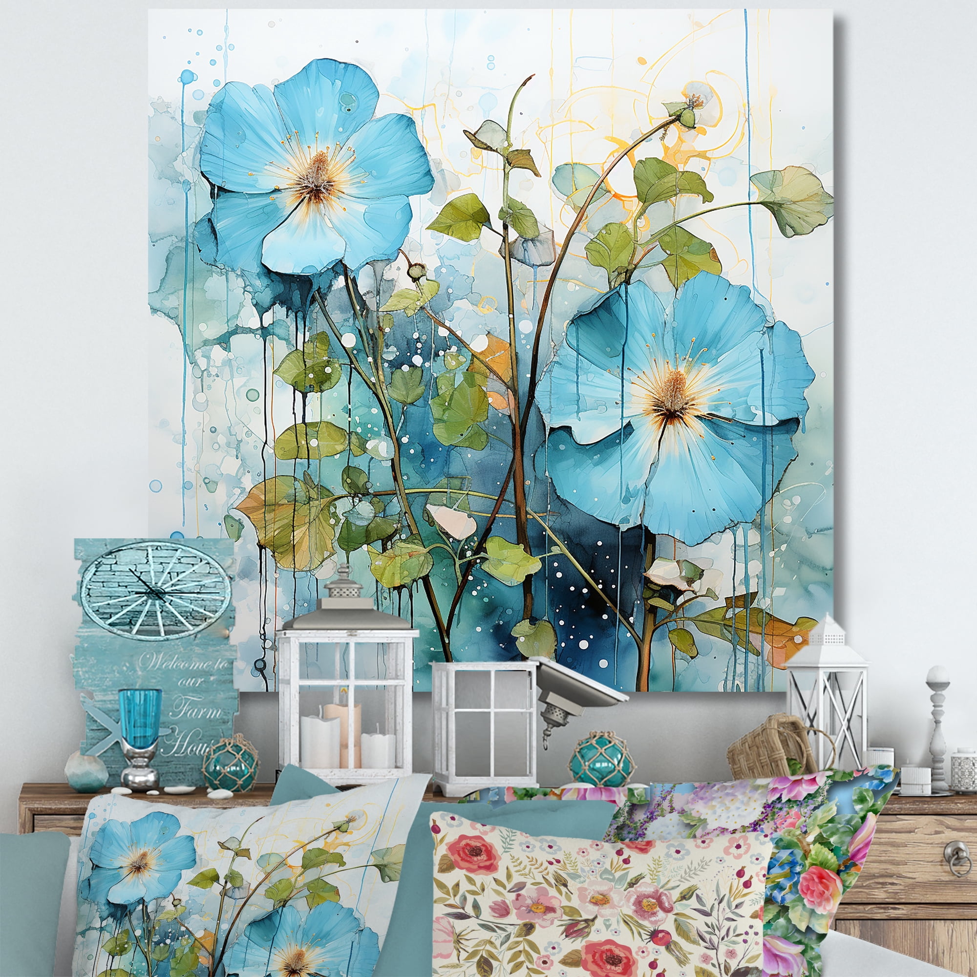 Designart "Morning Glory Awakening Blue Tones II" Floral Wall Art ...