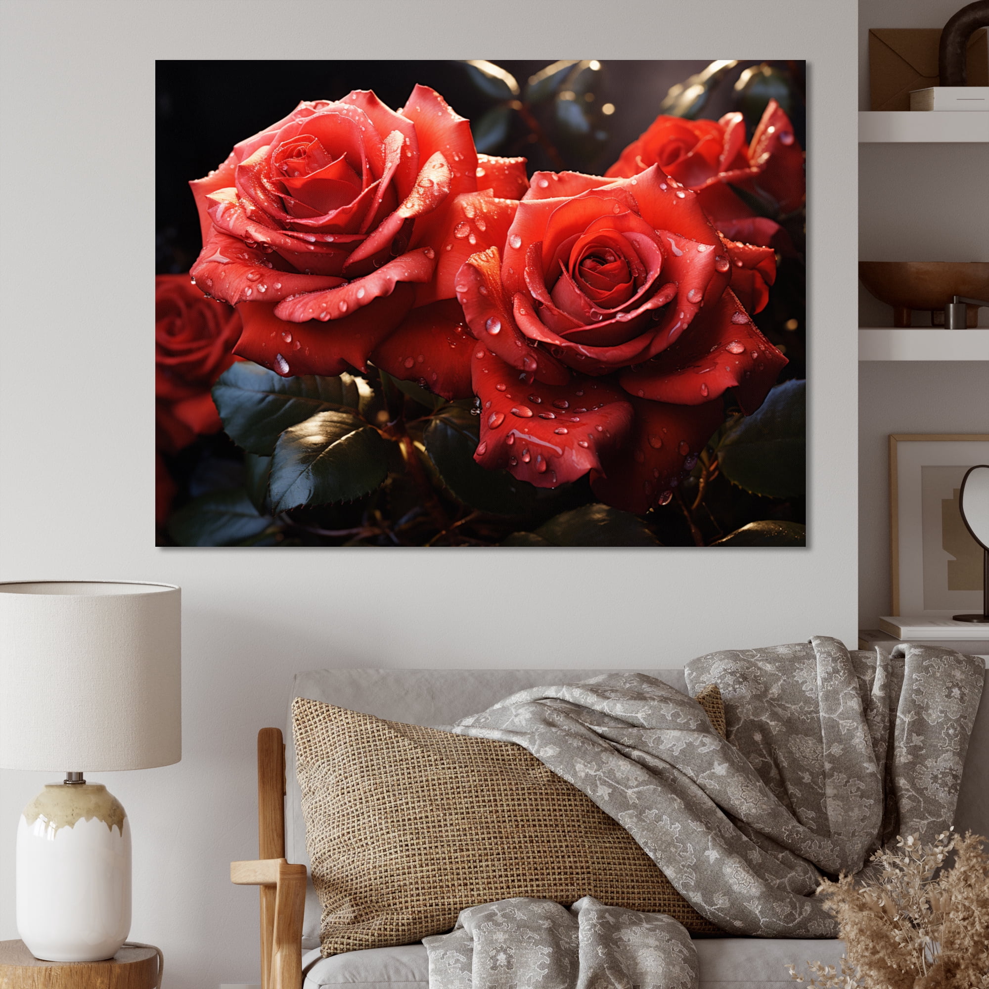 Designart "Morning Gloss Red and Black Roses" Floral Wall Decor ...