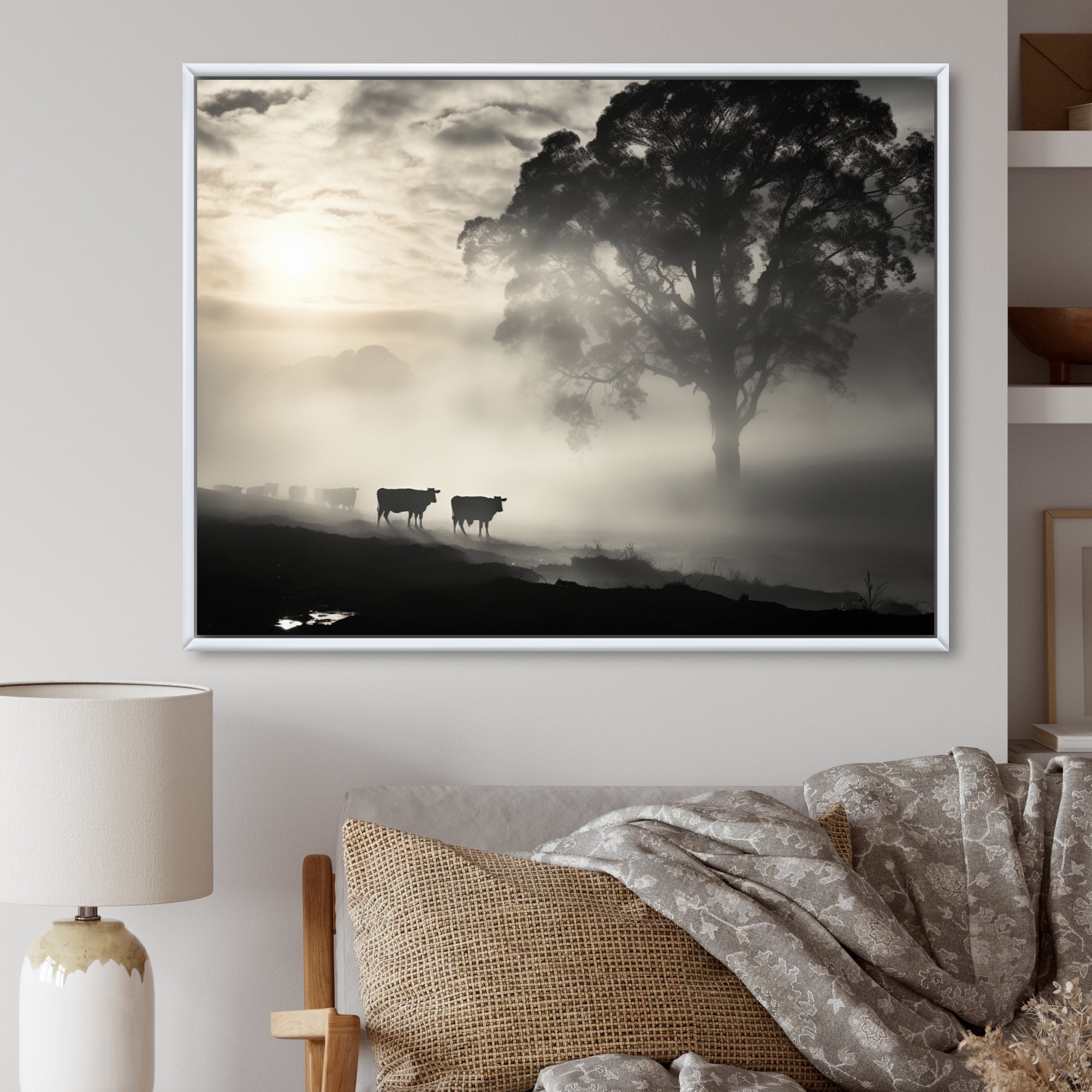 Designart "Morning Grazing Cattle Misty painting II" Animals Floater ...