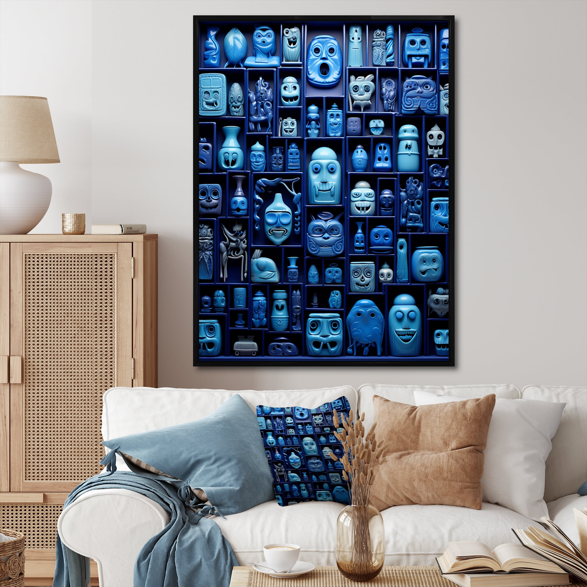Designart "Moroccan Tiles with Blue Masks" Abstract Framed Wall Art ...