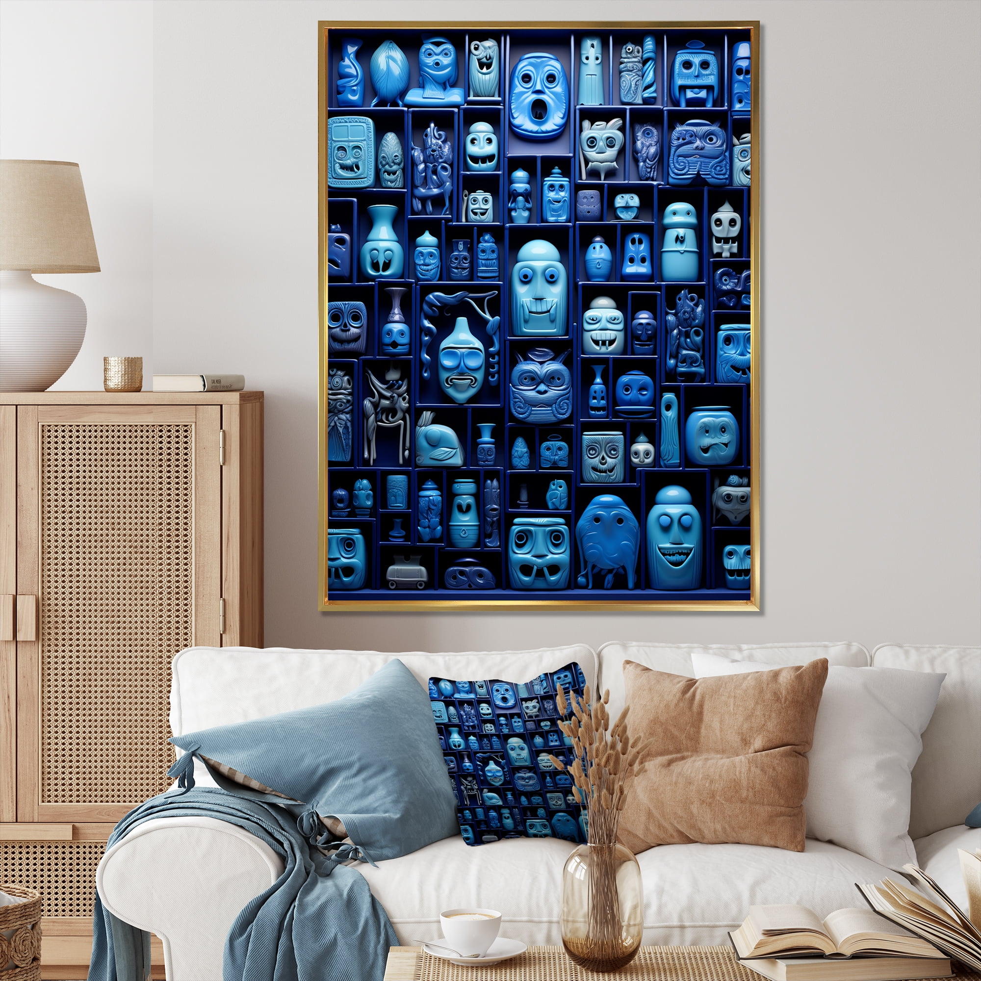 Designart "Moroccan Tiles with Blue Masks" Abstract Framed Wall Art ...