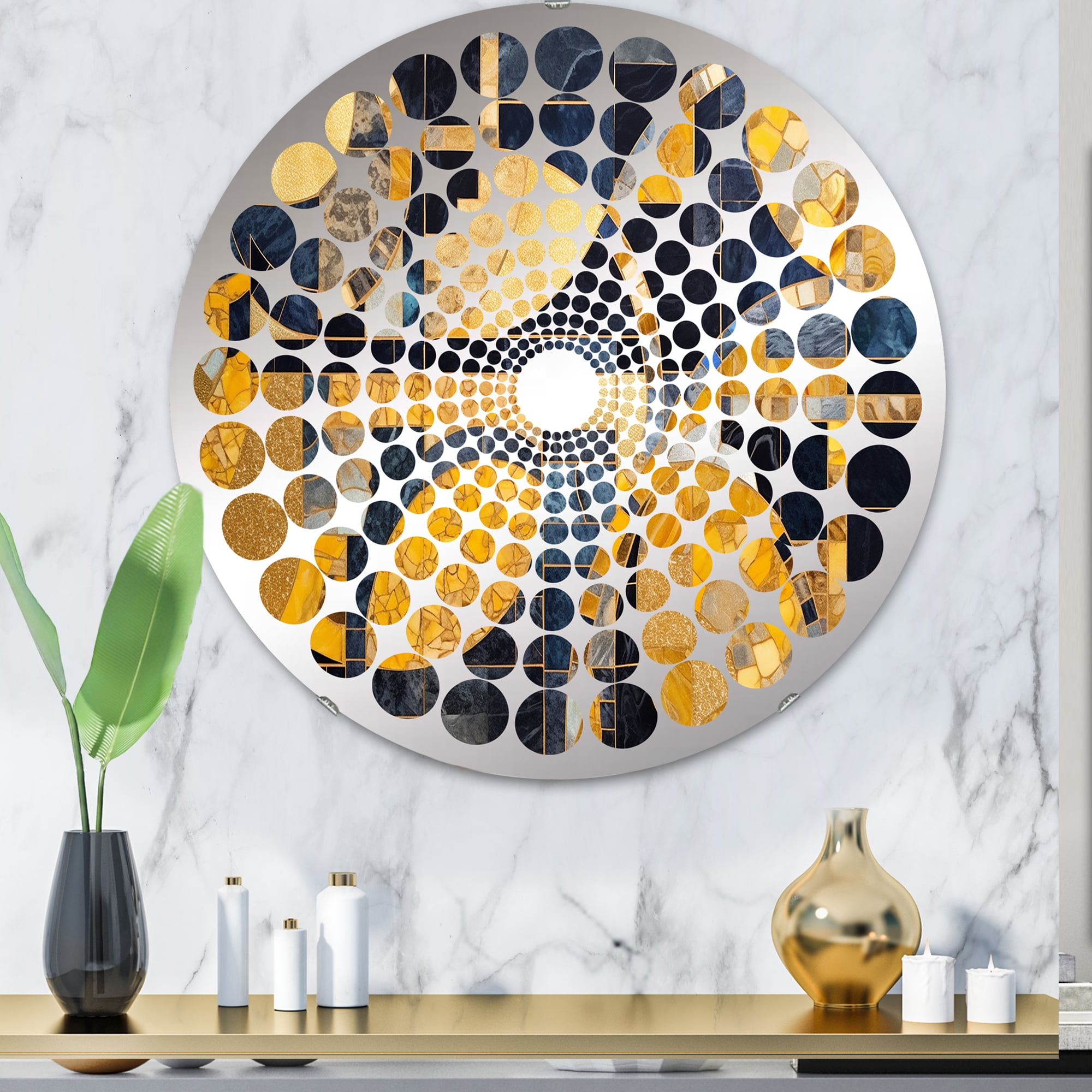 Designart "Mosaic of Azure and Gold" Abstract Collages Radial Dot Round ...