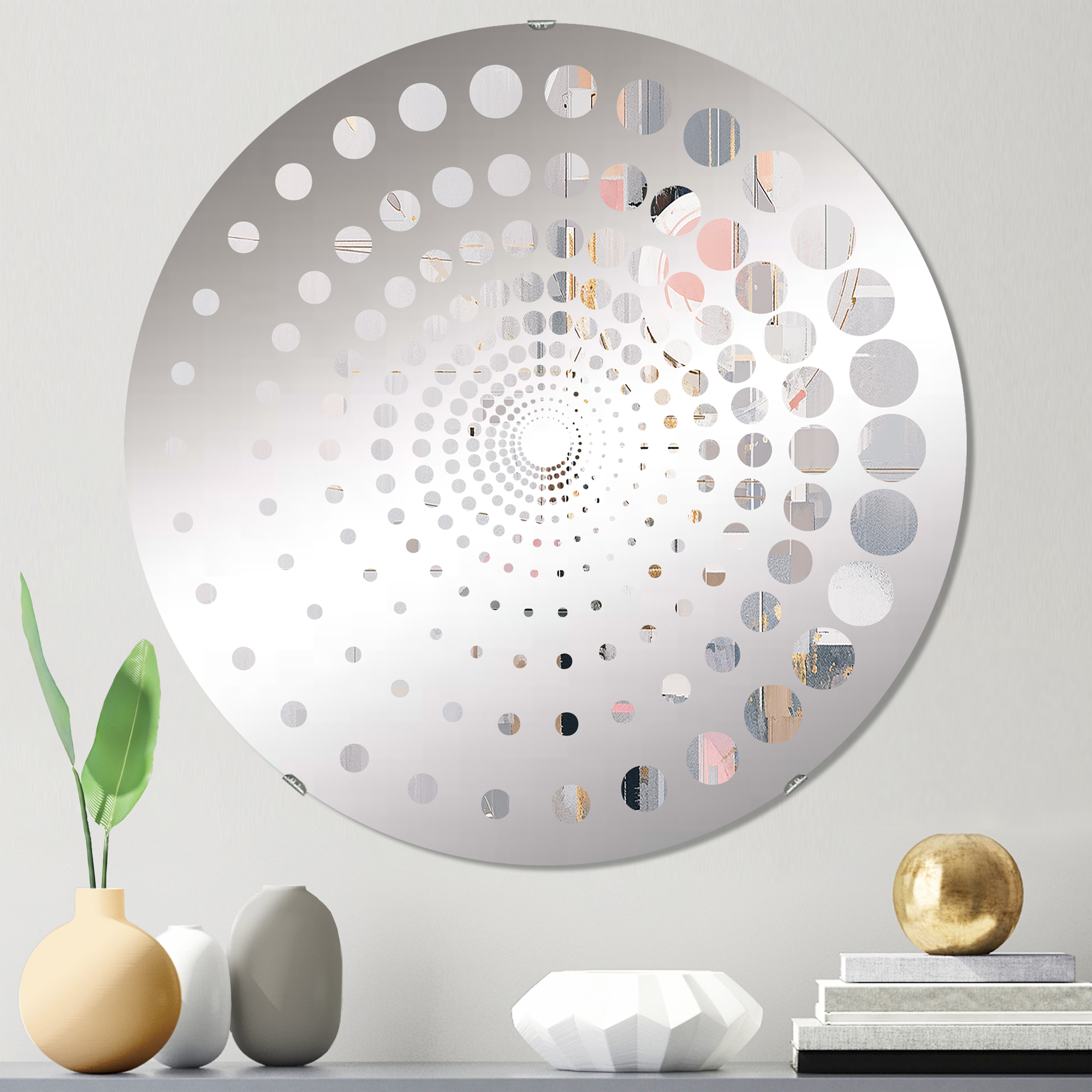 Designart "Mosaic Echoes in Pink and Grey I" Cubism Spiral Dot Round ...