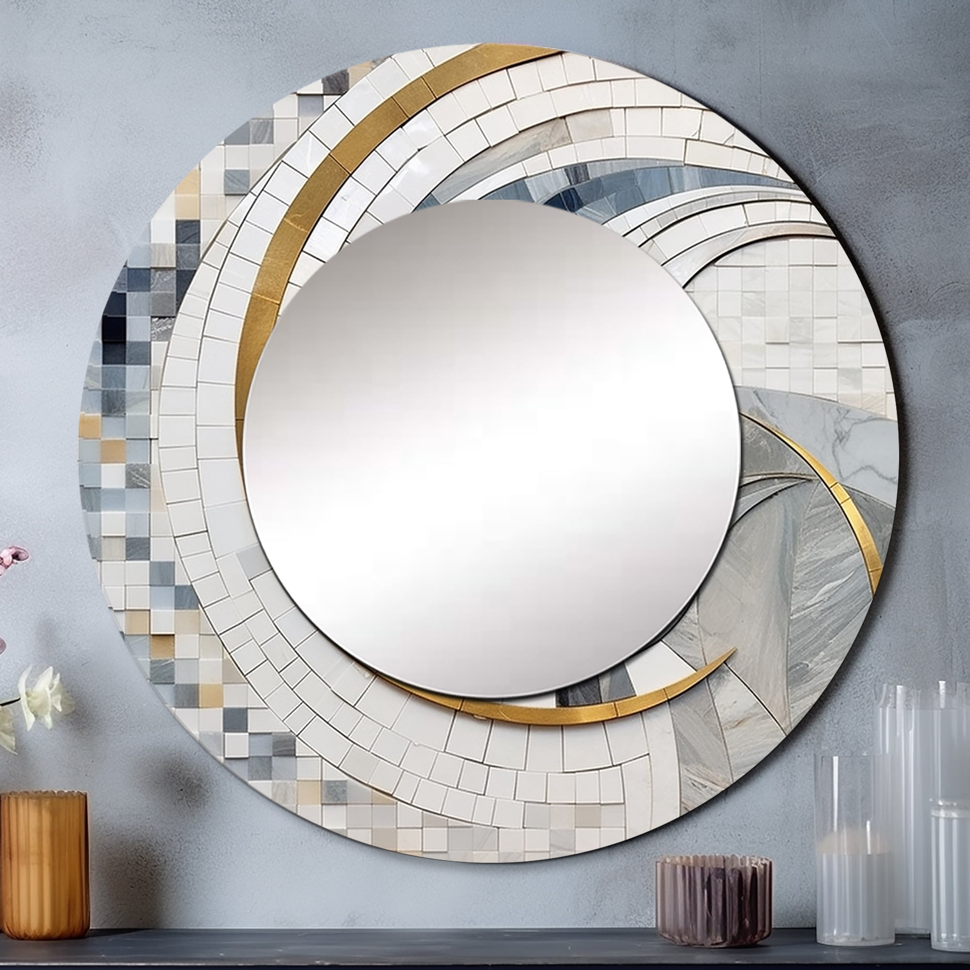 Designart "Mosaic in Grey and Yellow II" Abstract Shapes Rund Mirror ...
