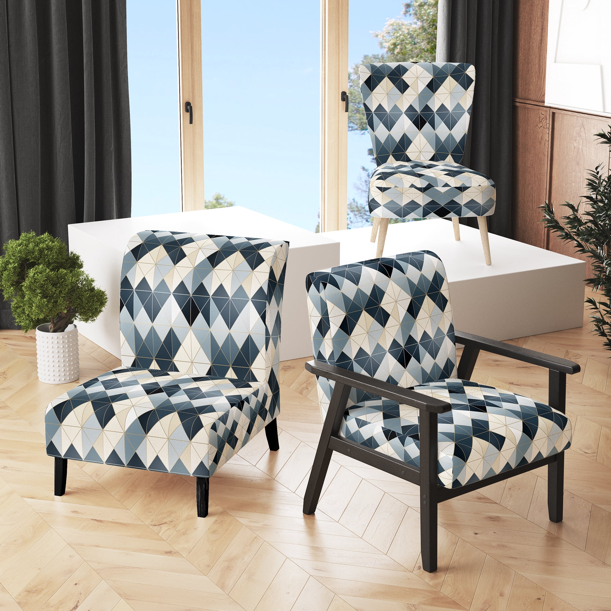 Designart "Mosaic Of Neutral Grey Tiles" Blue Geometric Upholstered ...
