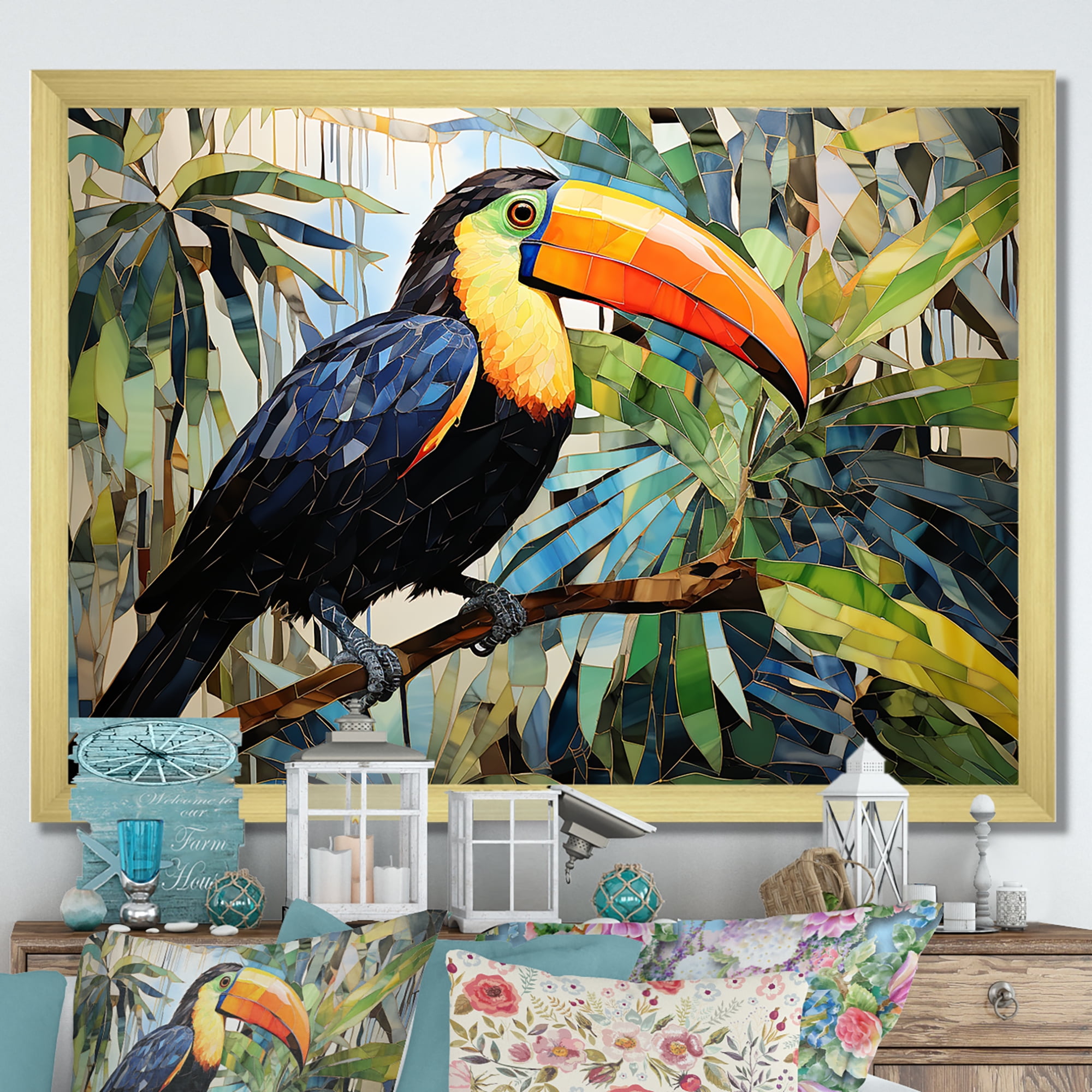 Designart "Mosaic Toucan in Yellow and Green III" Animals Framed Wall ...