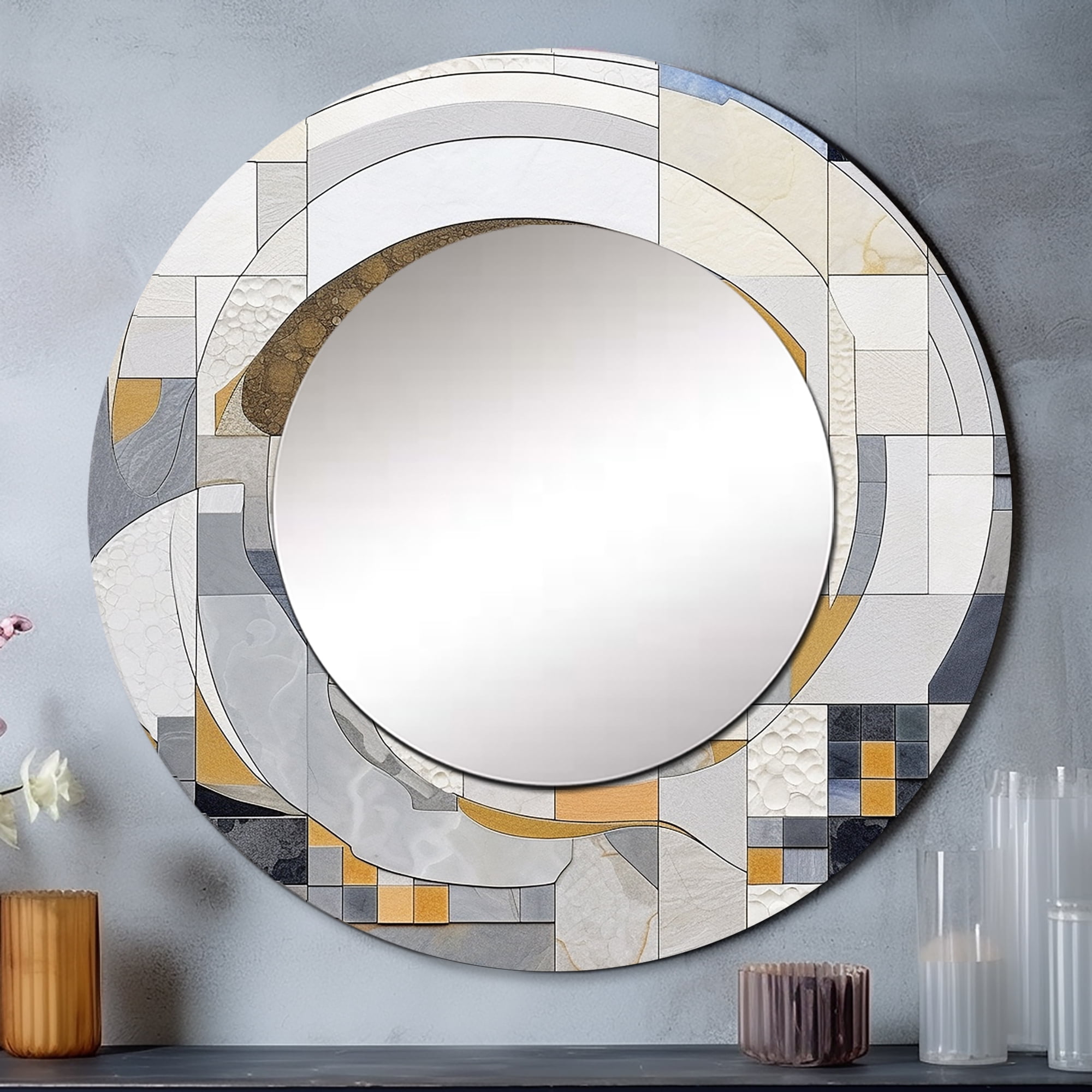 Designart "Mosaic in Grey and Yellow III" Abstract Shapes Round Mirror ...