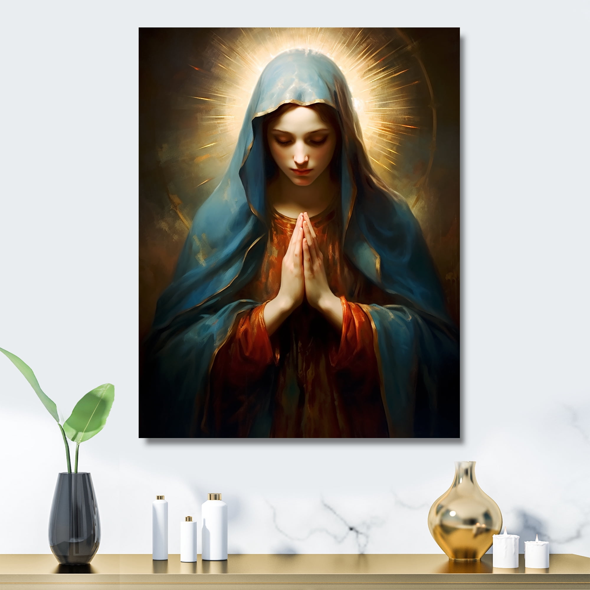 Designart "Mother mary christian portrait I In Gold and Blue ...