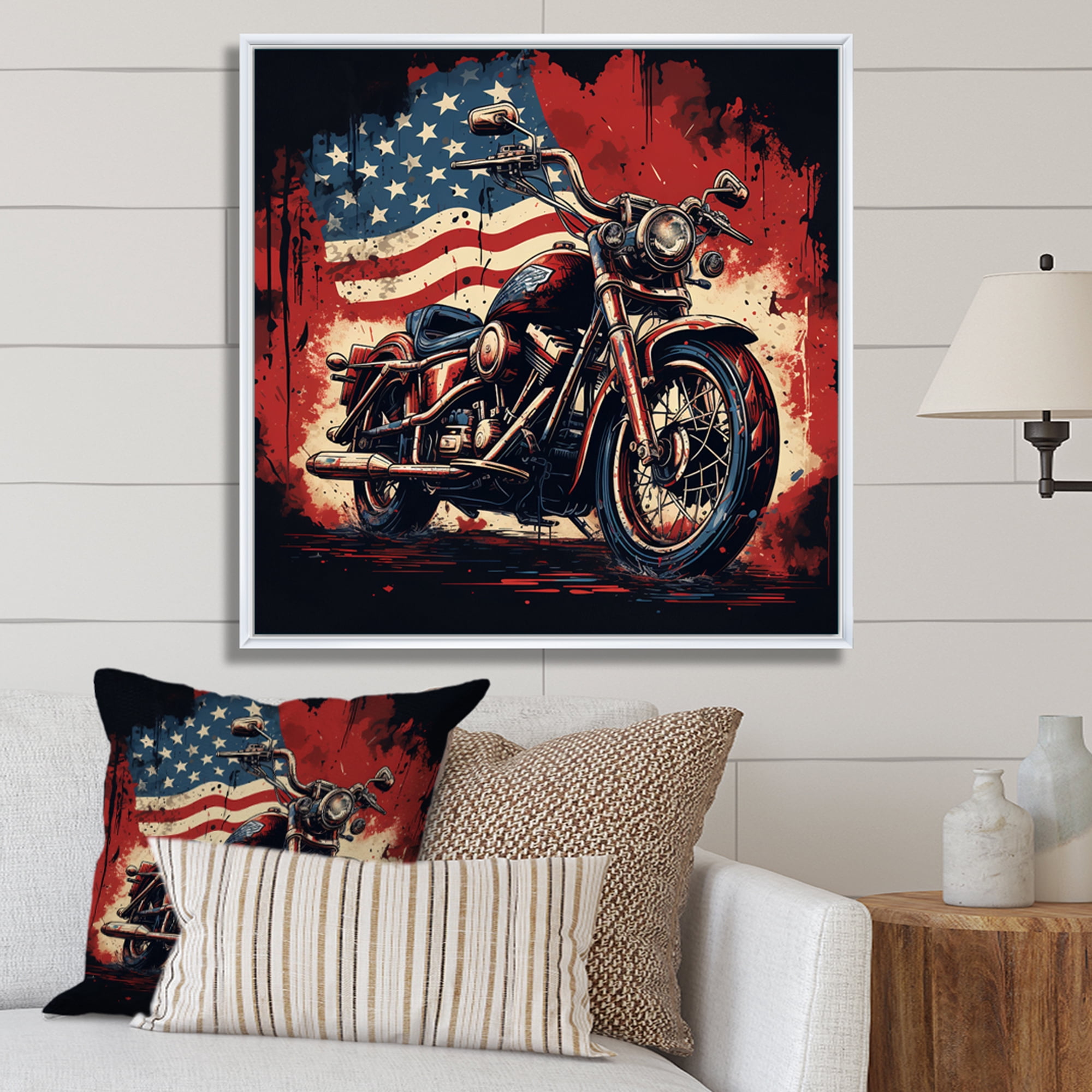 Designart "Motorcycle American Flag Background in Red and Blue ...