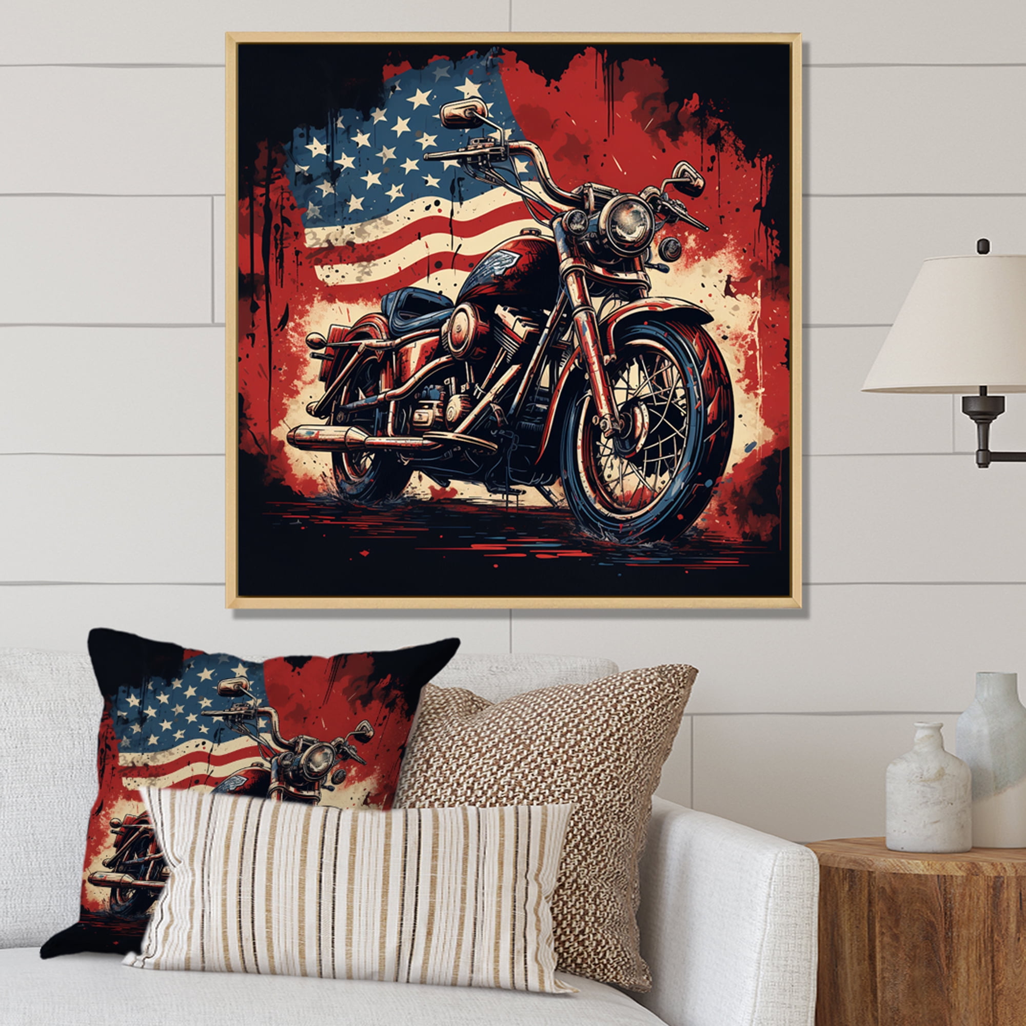 Designart "Motorcycle American Flag Background in Red and Blue ...