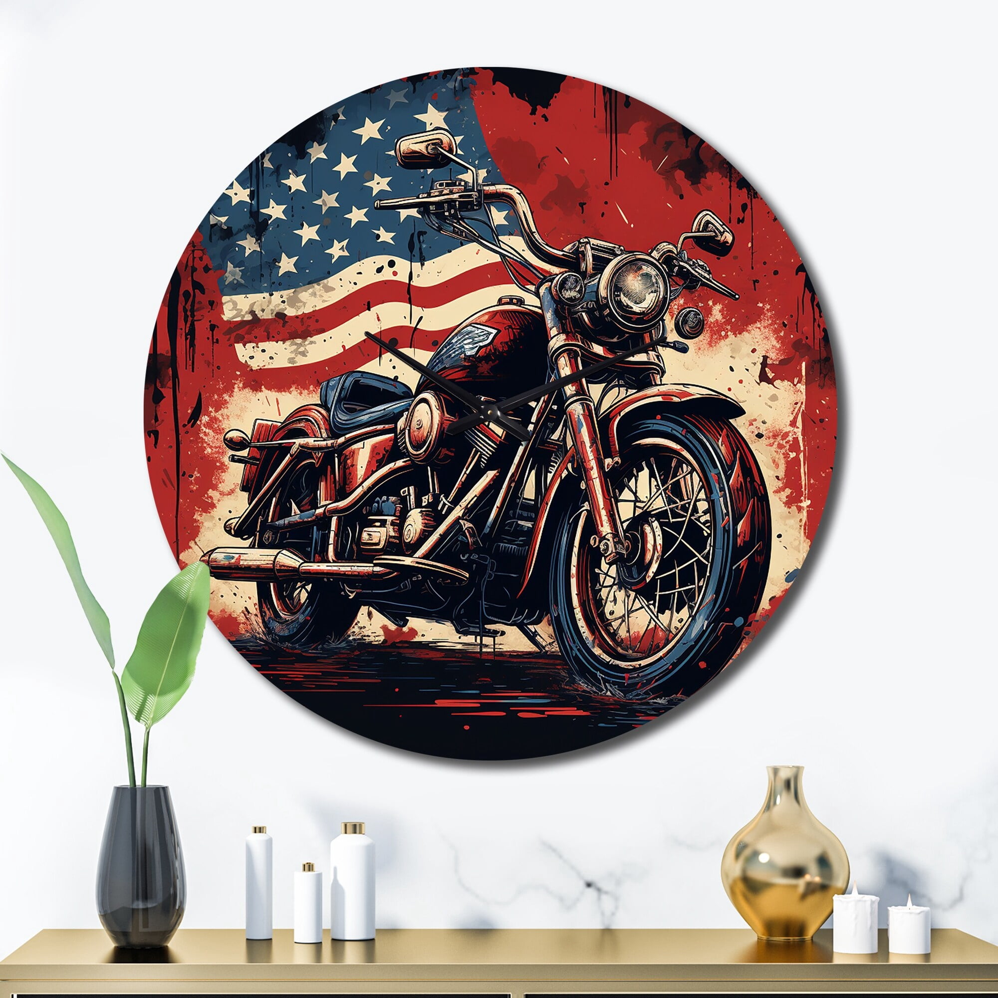 Designart "Motorcycle American Flag Background in Red and Blue ...