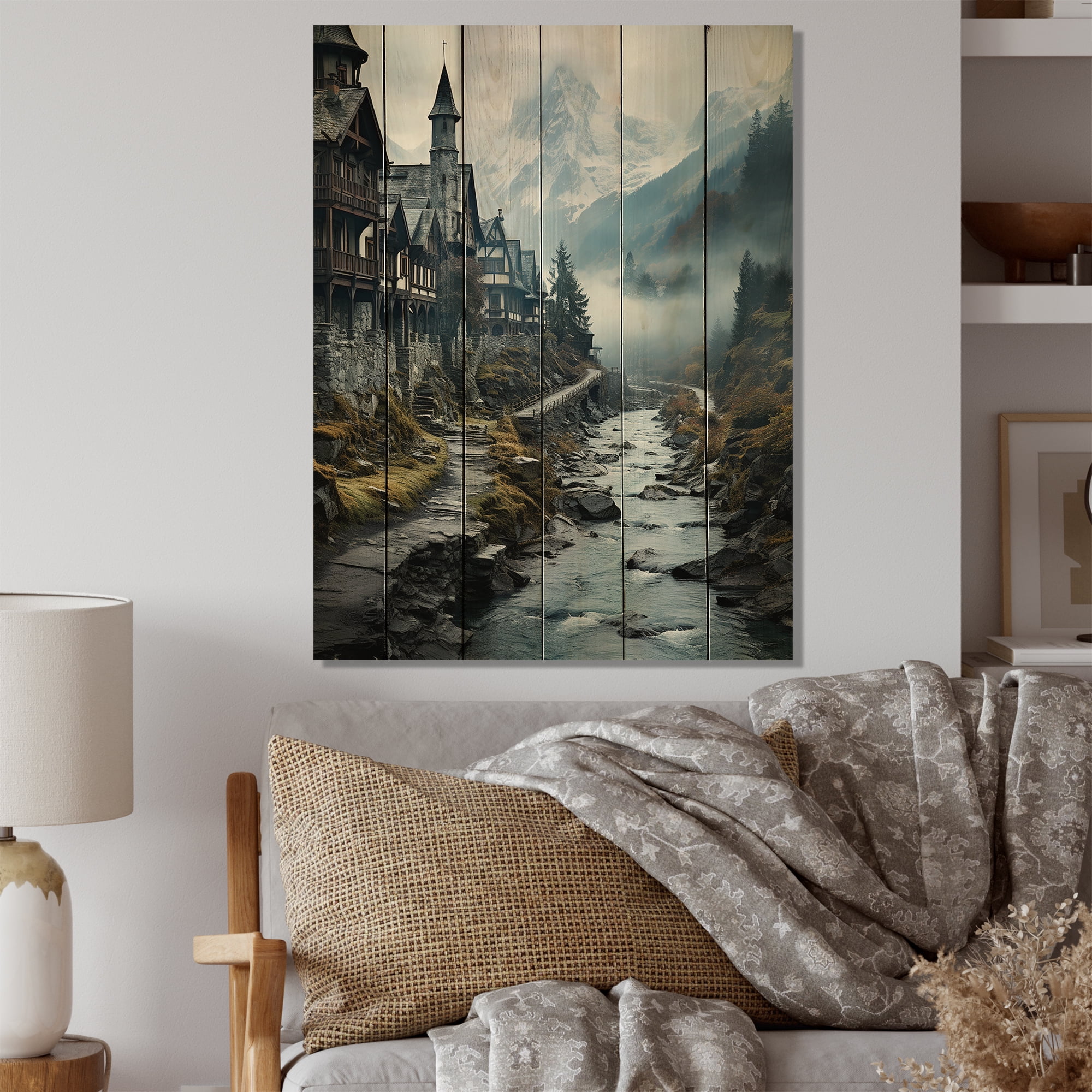 Designart "Mountain Fortress Castles Misty painting III" Cityscapes ...