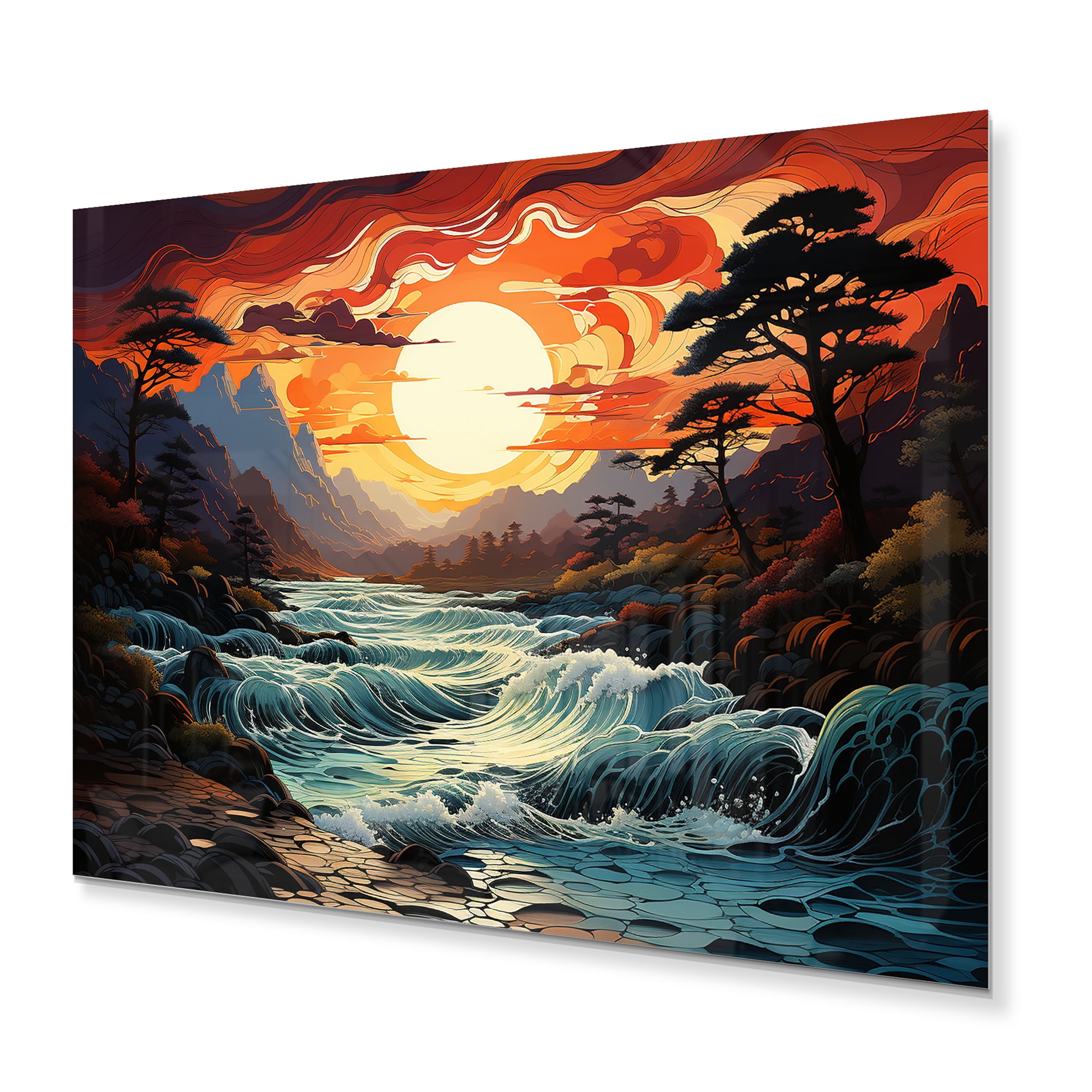 Designart "Mountain River Coastal sunset Majestic art painting II ...
