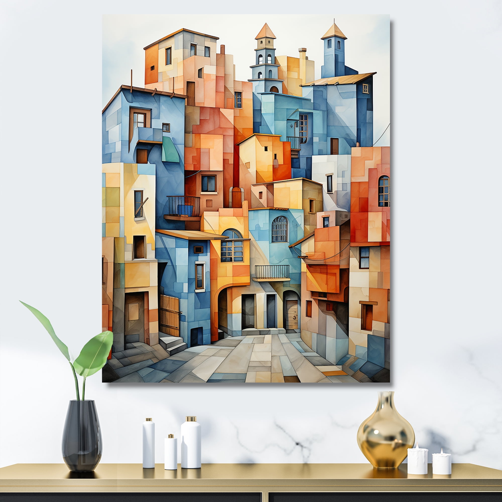 Designart "Multicolored Cubist Cityscape I" Cubism Wall Art Living Room ...