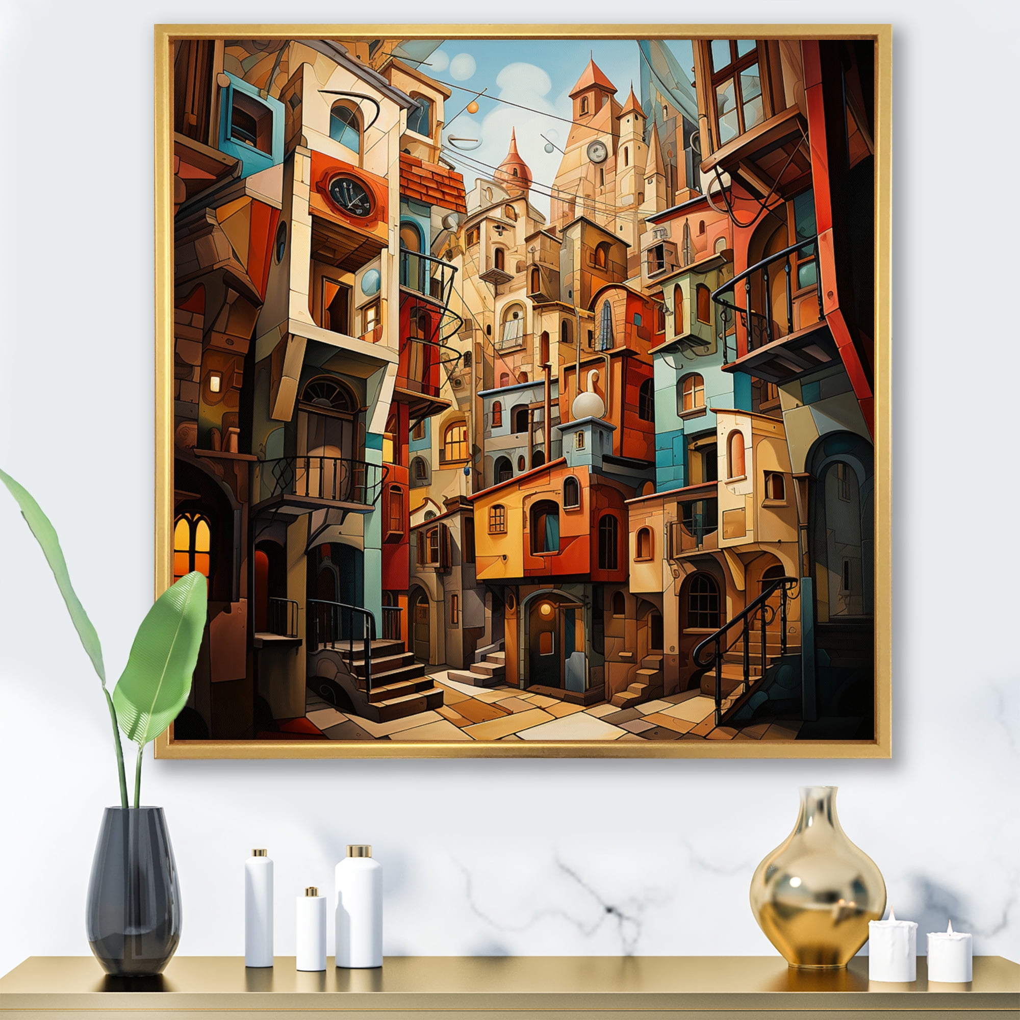 Designart "Multidimensional Cubist Art II" Landscapes Floater Framed ...